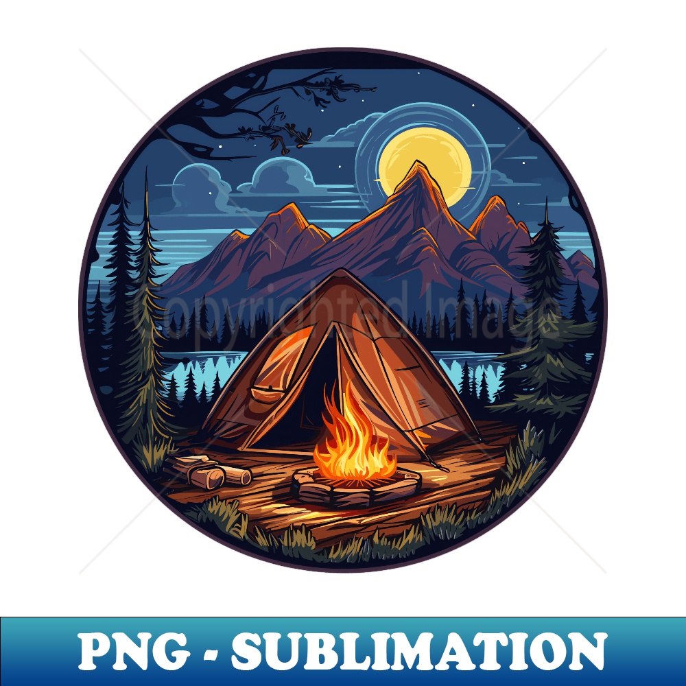 Mountainscape with Tent and Campfire Lakeside Graphic - Excl | Inspire ...