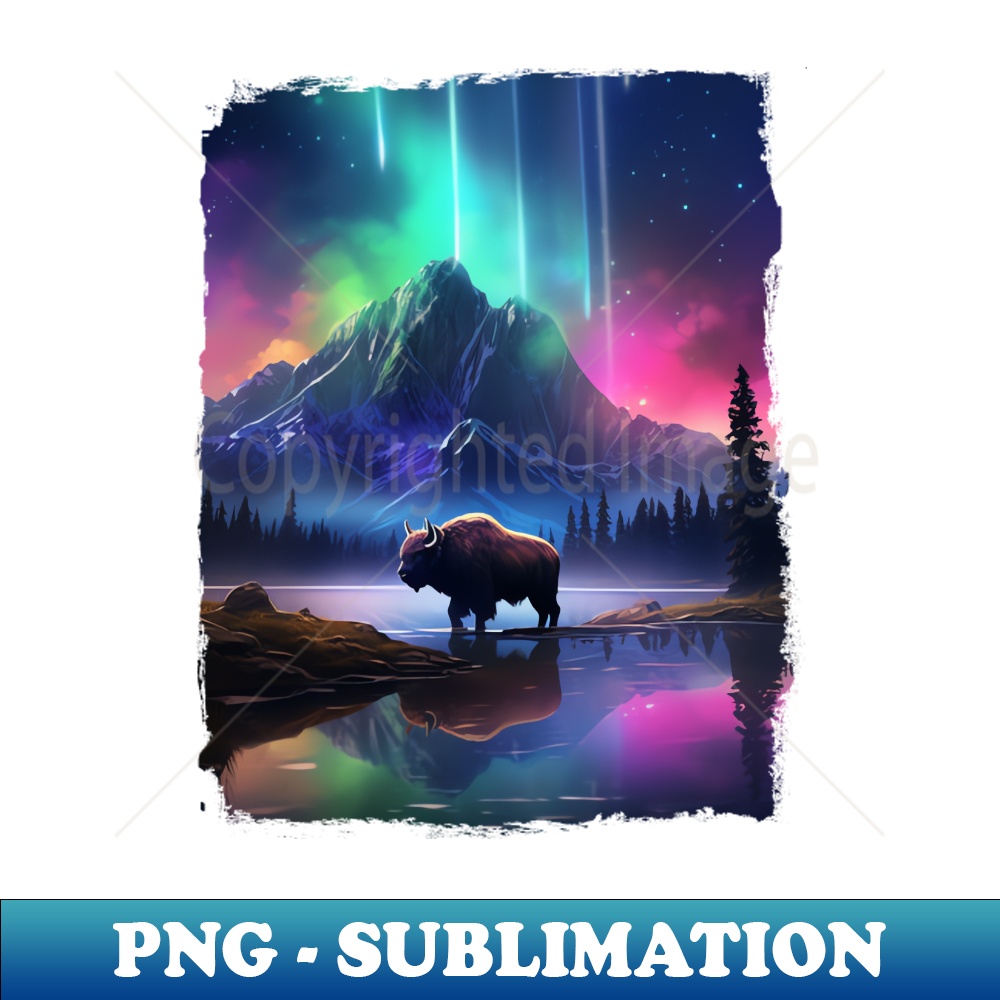 Buffalo Under Northern Light Scenery With Mountains Rivers a | Inspire ...