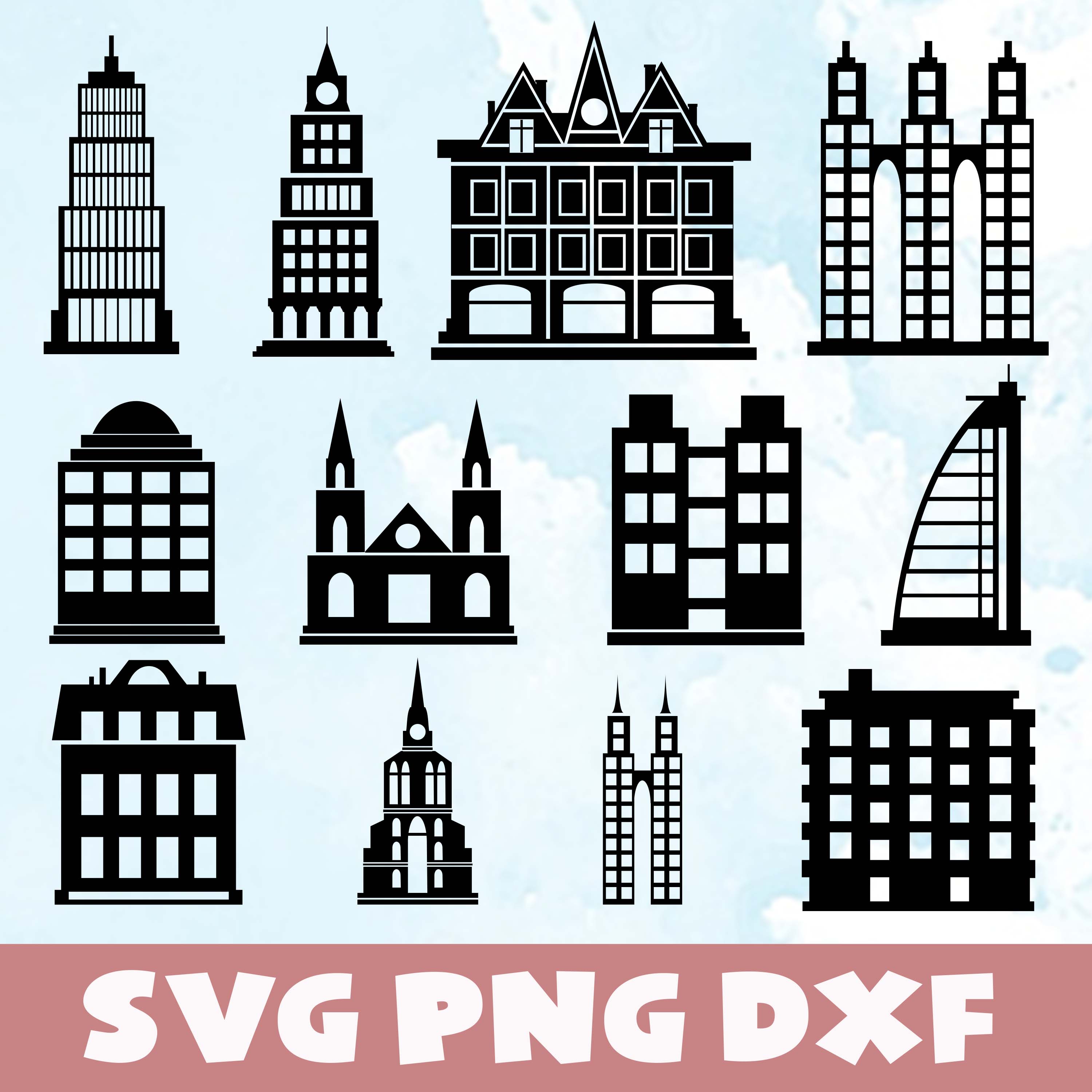 Buildings silhouette svg,png,dxf,Buildings silhouette bundle | Inspire ...
