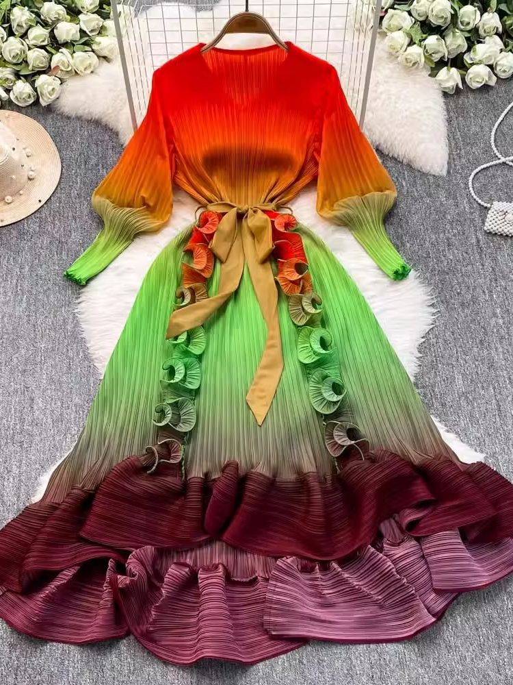Miyake 3D Ruffles Dress - Gradient Boho Party Robe | Inspire Uplift