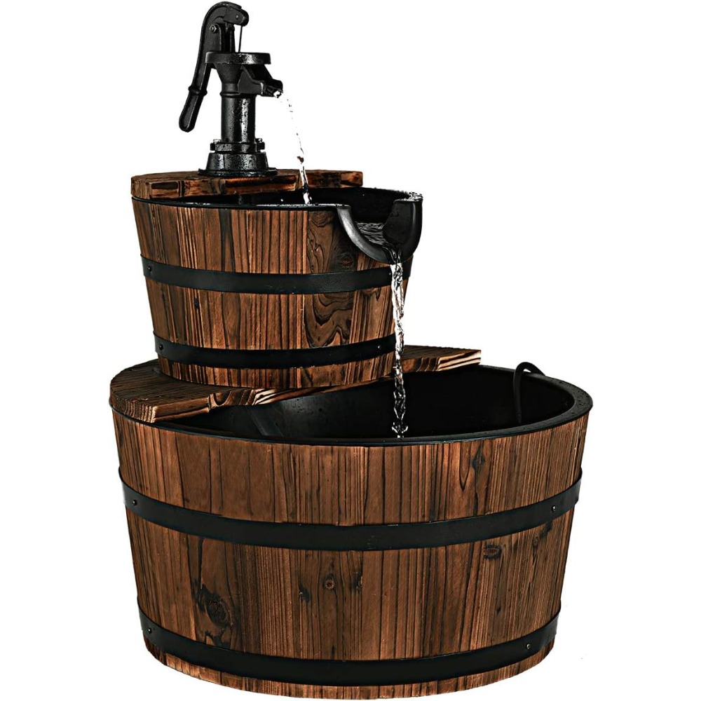 Rustic 2-Tier Barrel Waterfall Fountain – Outdoor Water Feat | Inspire ...