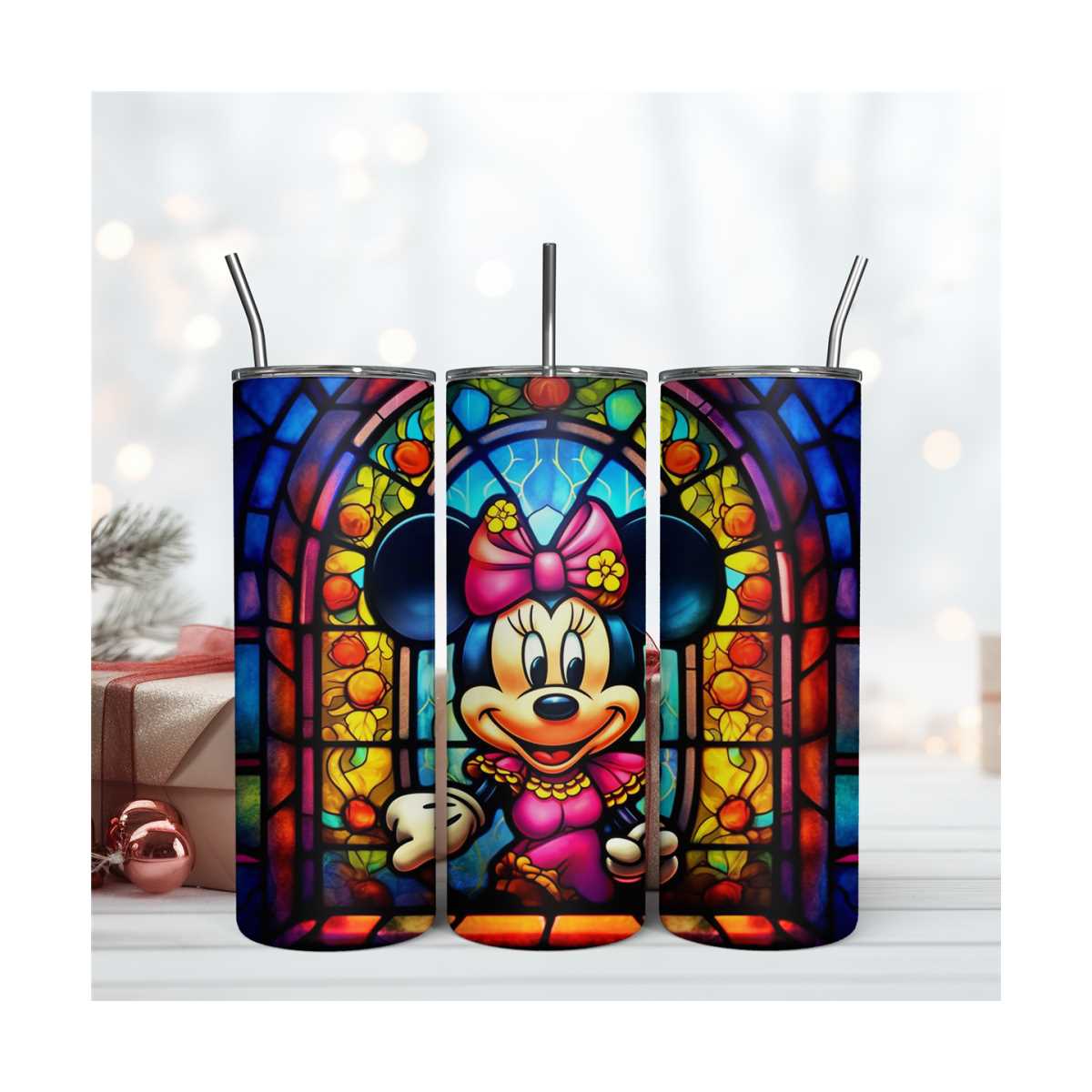 Cute Minnie Mouse Figure In A Stained Glass 20Oz Skinny Tumb | Inspire ...