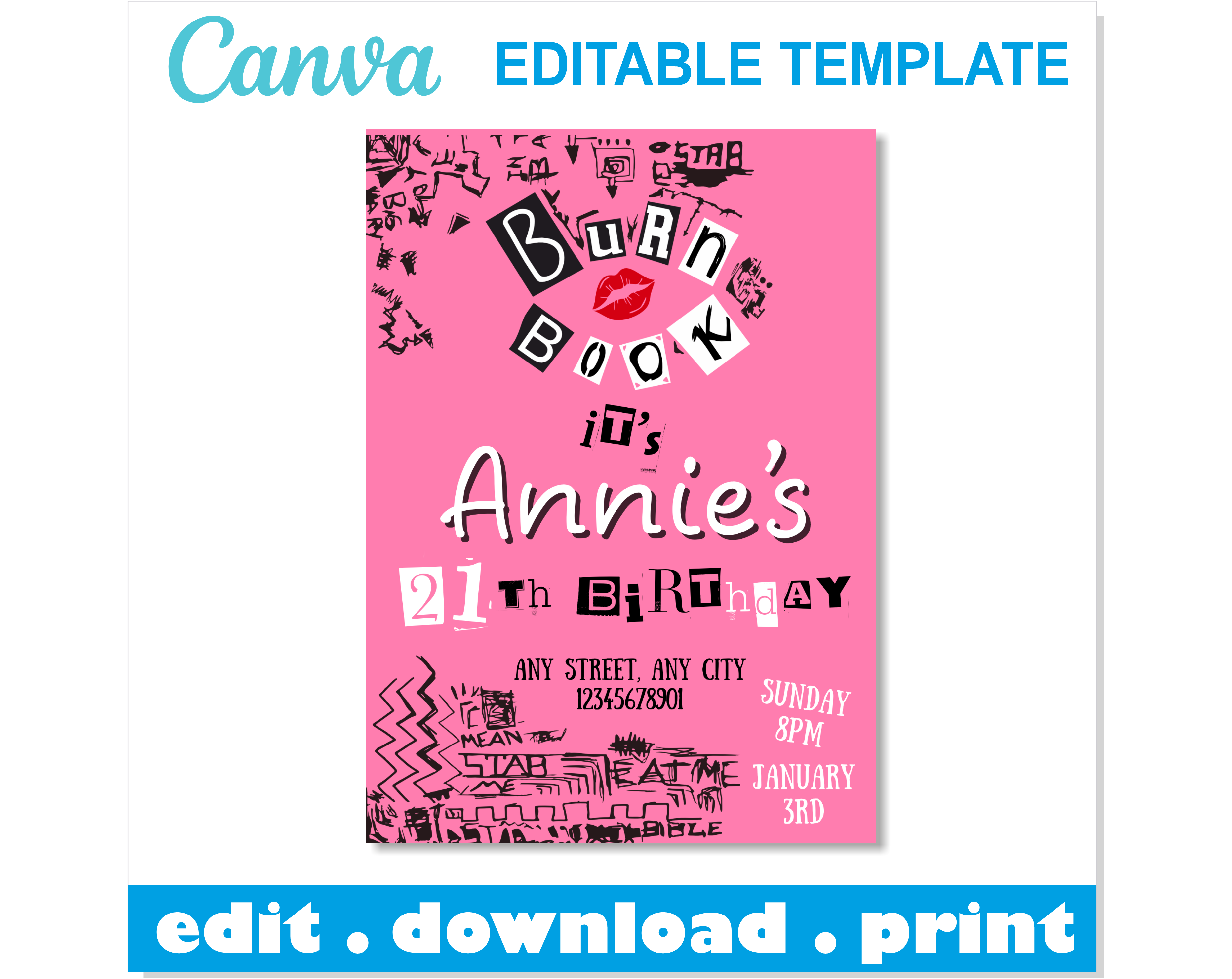 Burn Book Invitation Birthday Editable Canva Template, Burn | Inspire ...