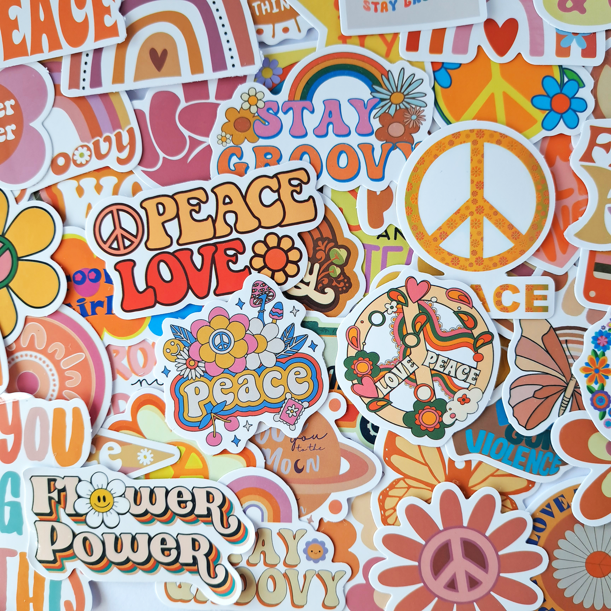 50 PCS Groovy Hippie Sticker Pack, Peace and Love Stickers | Inspire Uplift