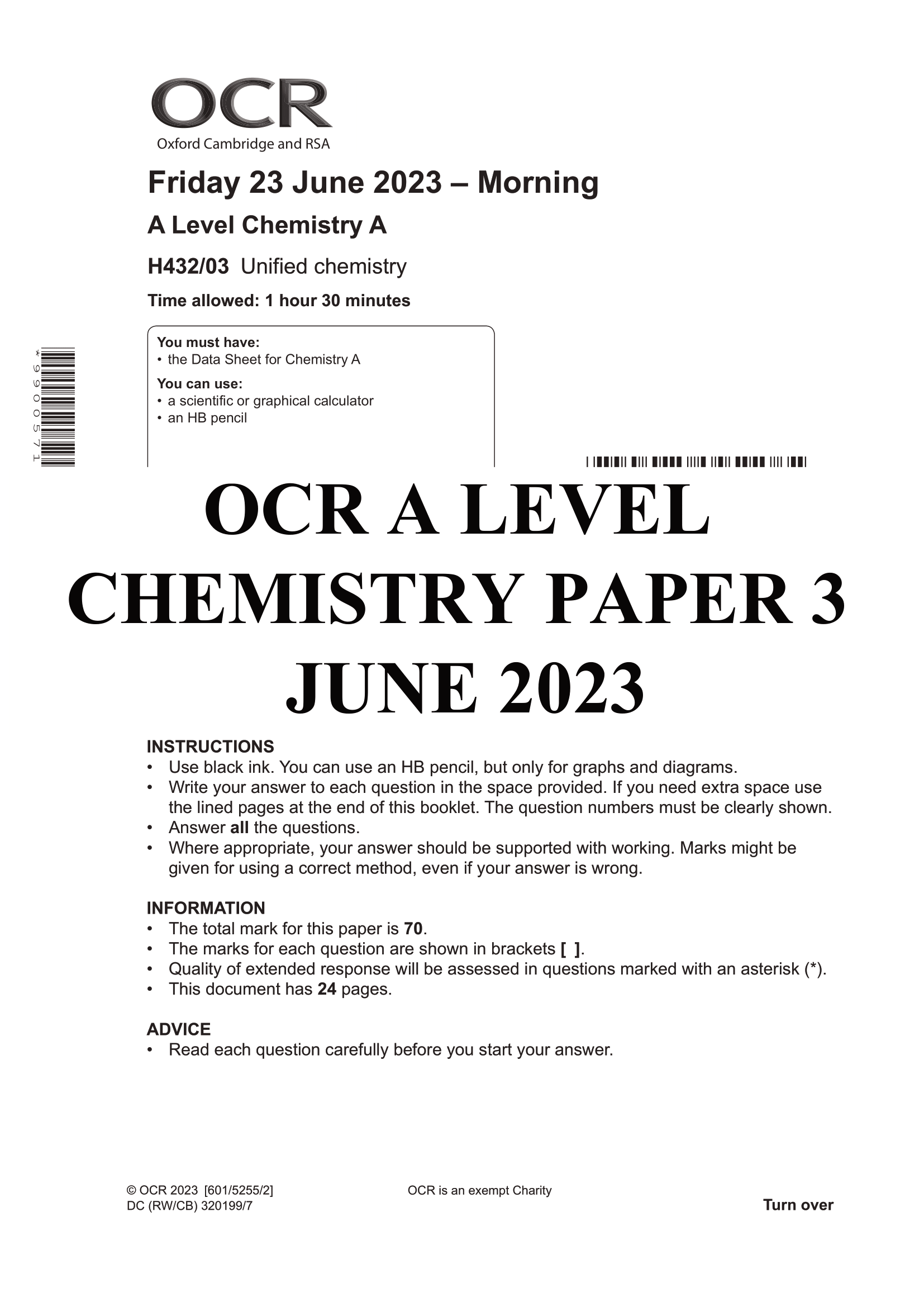 Ocr A Level Chemistry Paper 3 (H432/03 Unified chemistry) QU | Inspire Uplift