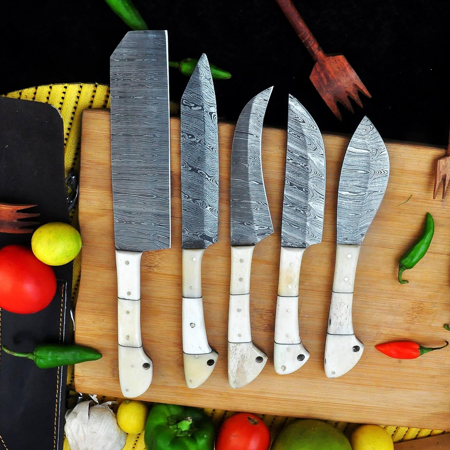 Handmade Set with 5 Knives, Butcher Knife, Bread Knife, Tabl | Inspire ...
