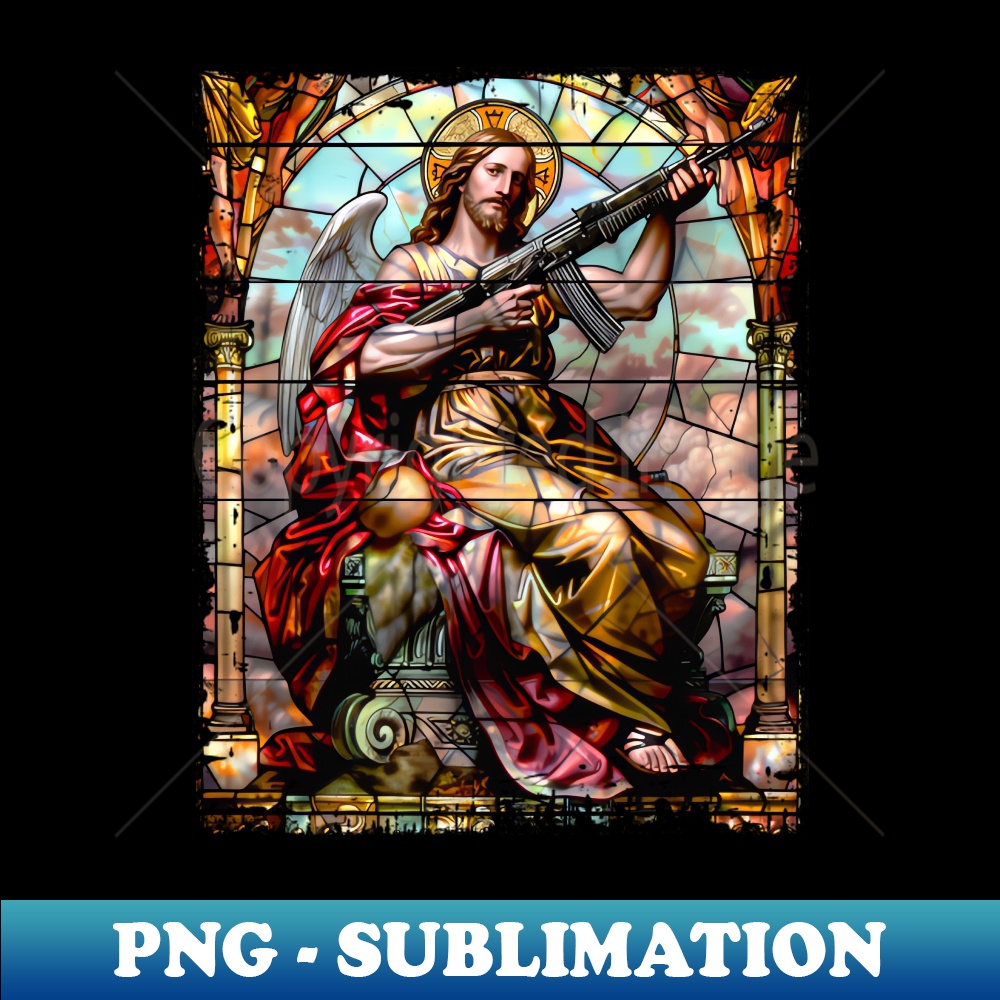 Jesus with AK47 Gun Stained Glass Funny - Digital Sublimatio - Inspire ...