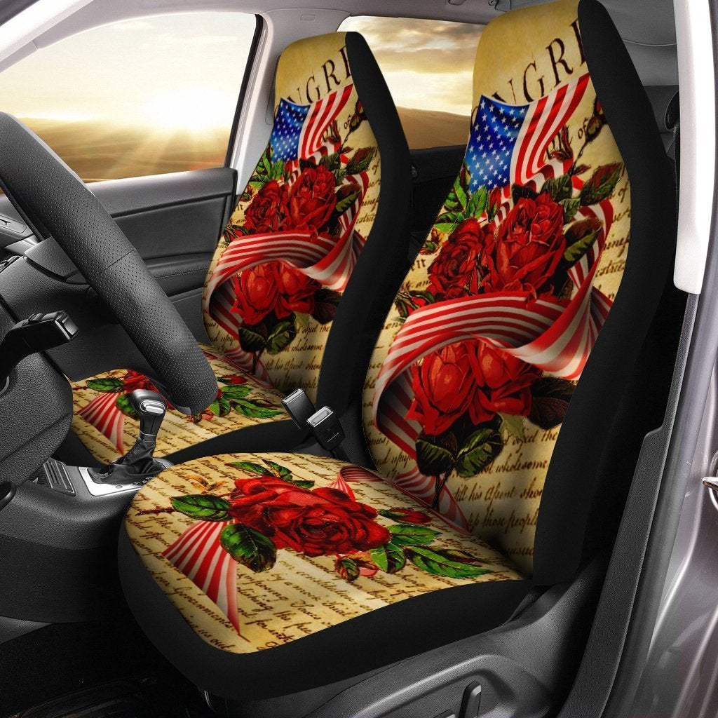 Us Flag Red Rose Car Seat Covers Custom Car Accessories - Inspire Uplift