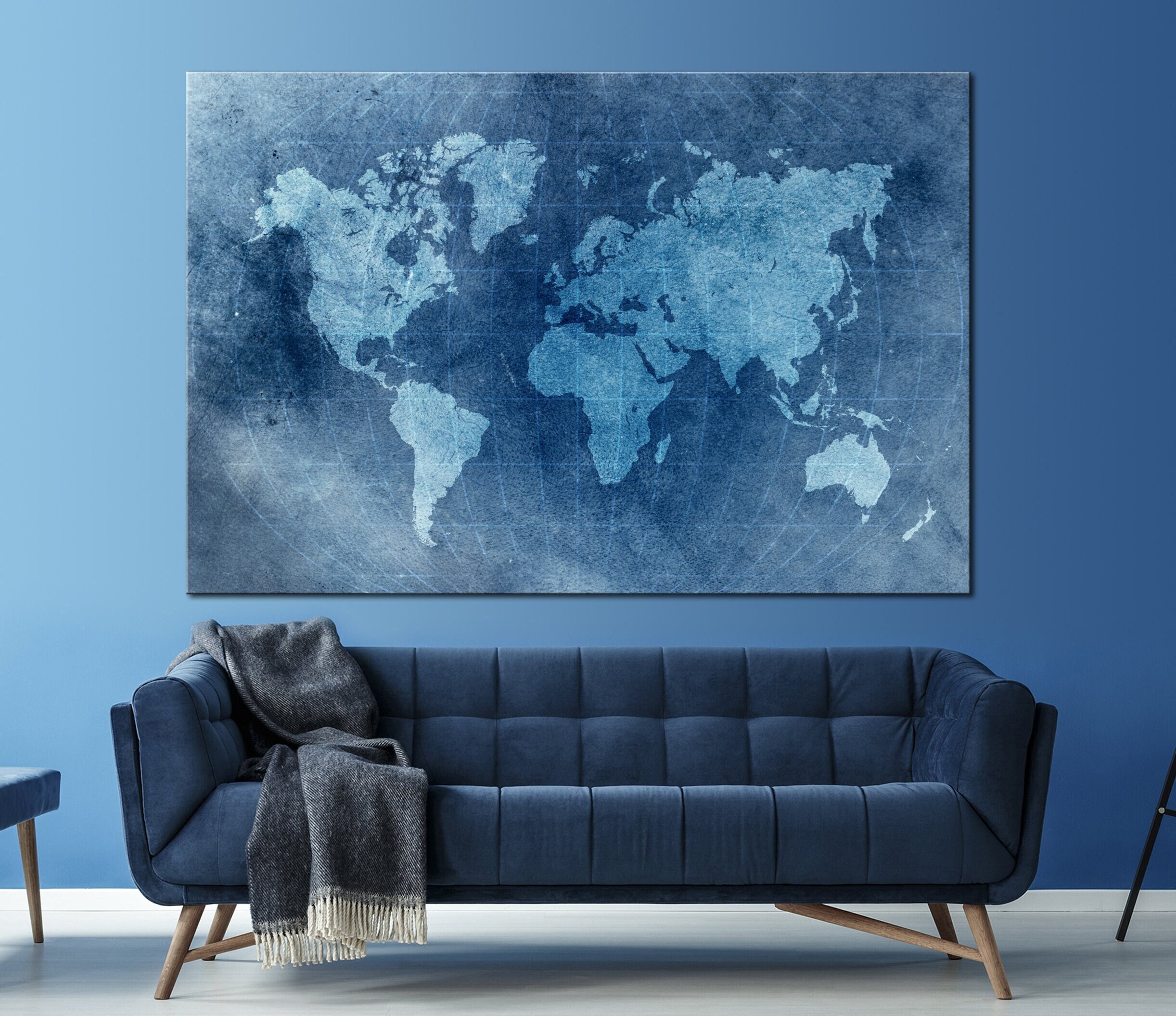 Abstract blue World Map canvas wall art Navy blue Watercolor | Inspire ...