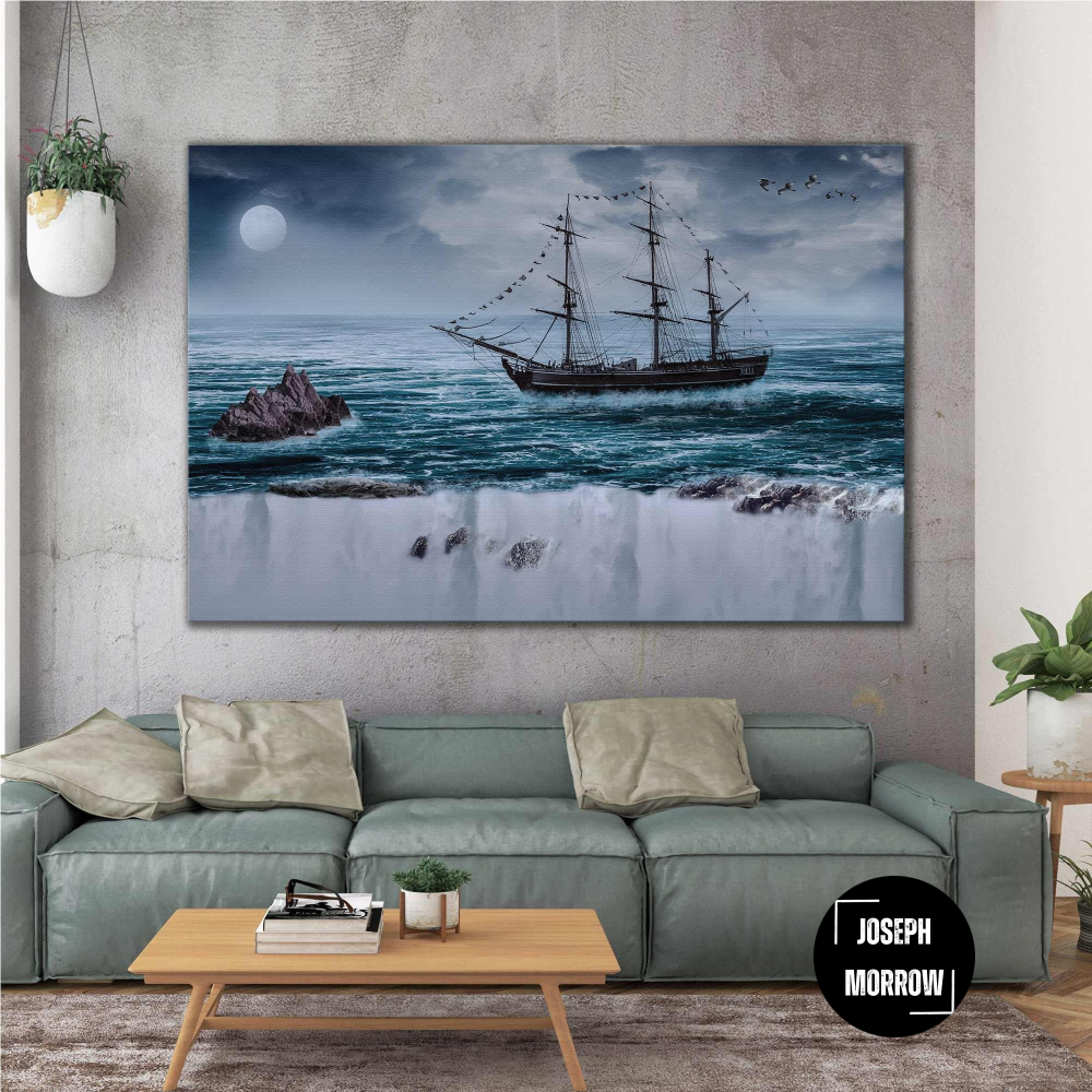 Misty Sea Sailboat Pirate Ship Rising Moon View Roll Up Canv | Inspire ...