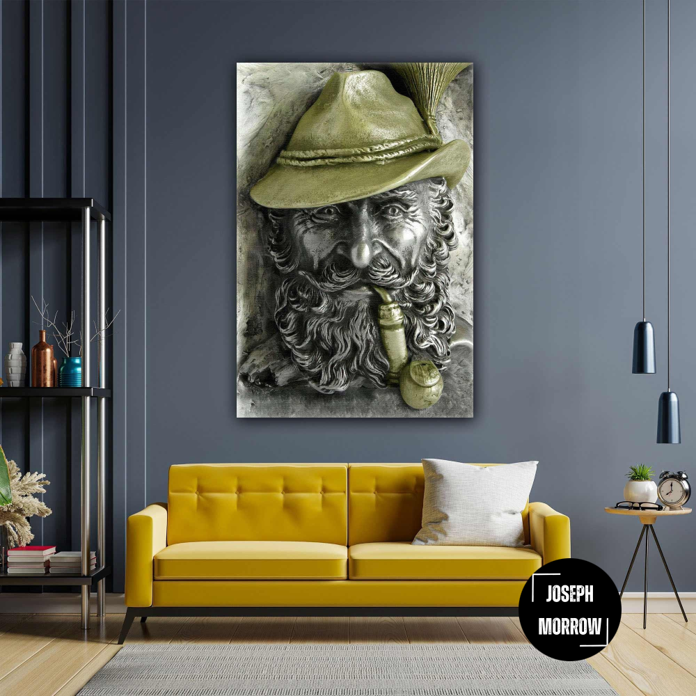 Pipe Smoking Bearded Man Sculpture Metal Relief Gold Roll Up - Inspire ...