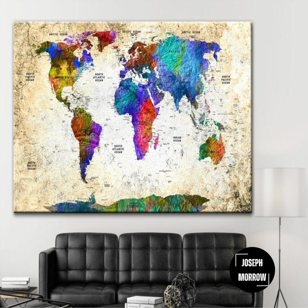 Large Push Pin World Map Print On Canvas Colorful Map Of The | Inspire ...