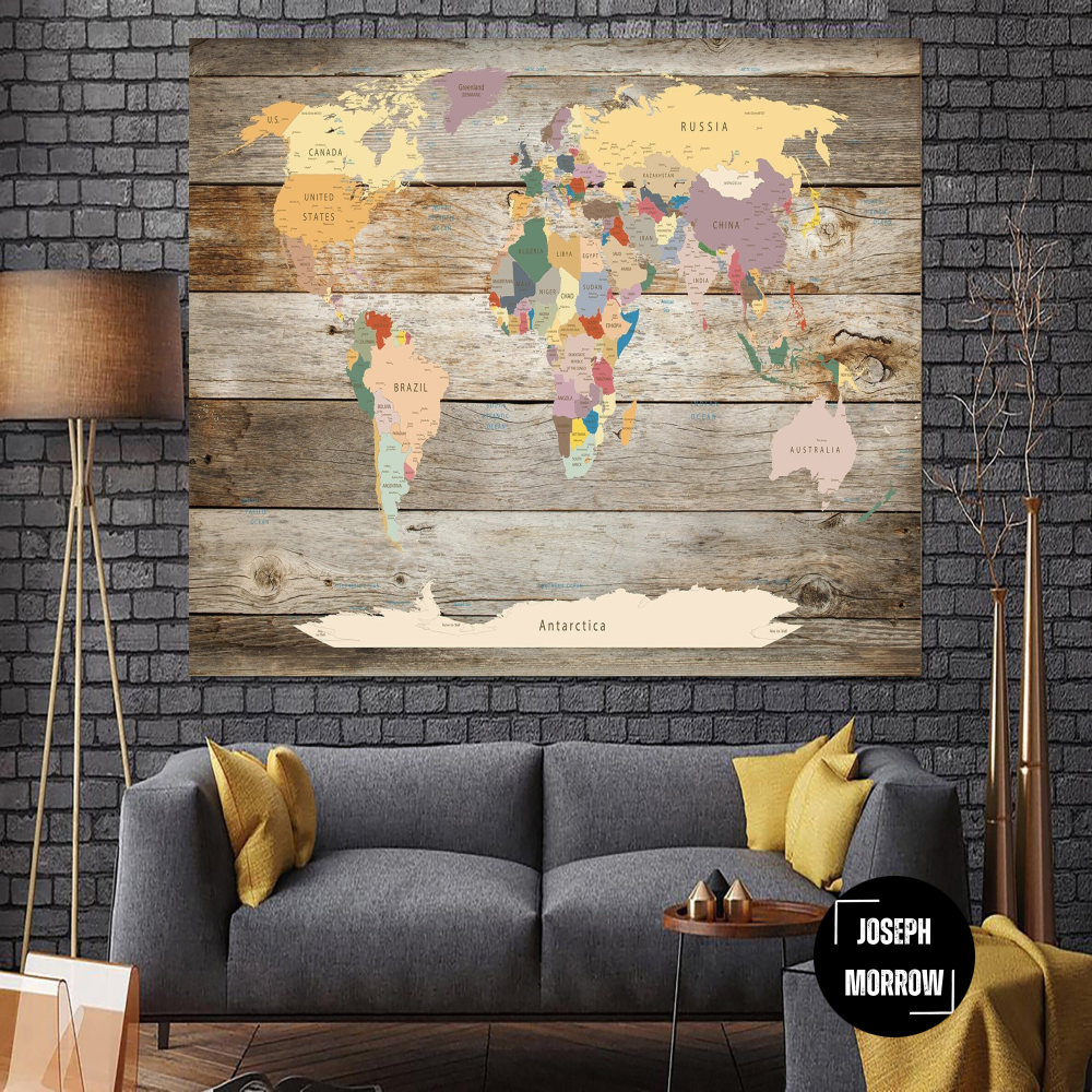 Large Push Pin World Map Rustic Map Decor Beige Map Print Fr | Inspire ...