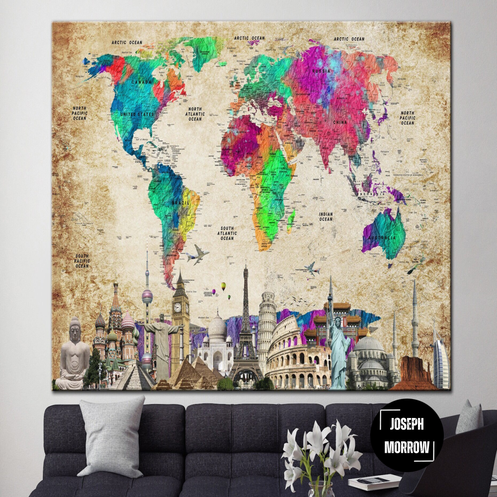 Large World Map Canvas Colorful Map Of The World Print Educa | Inspire ...