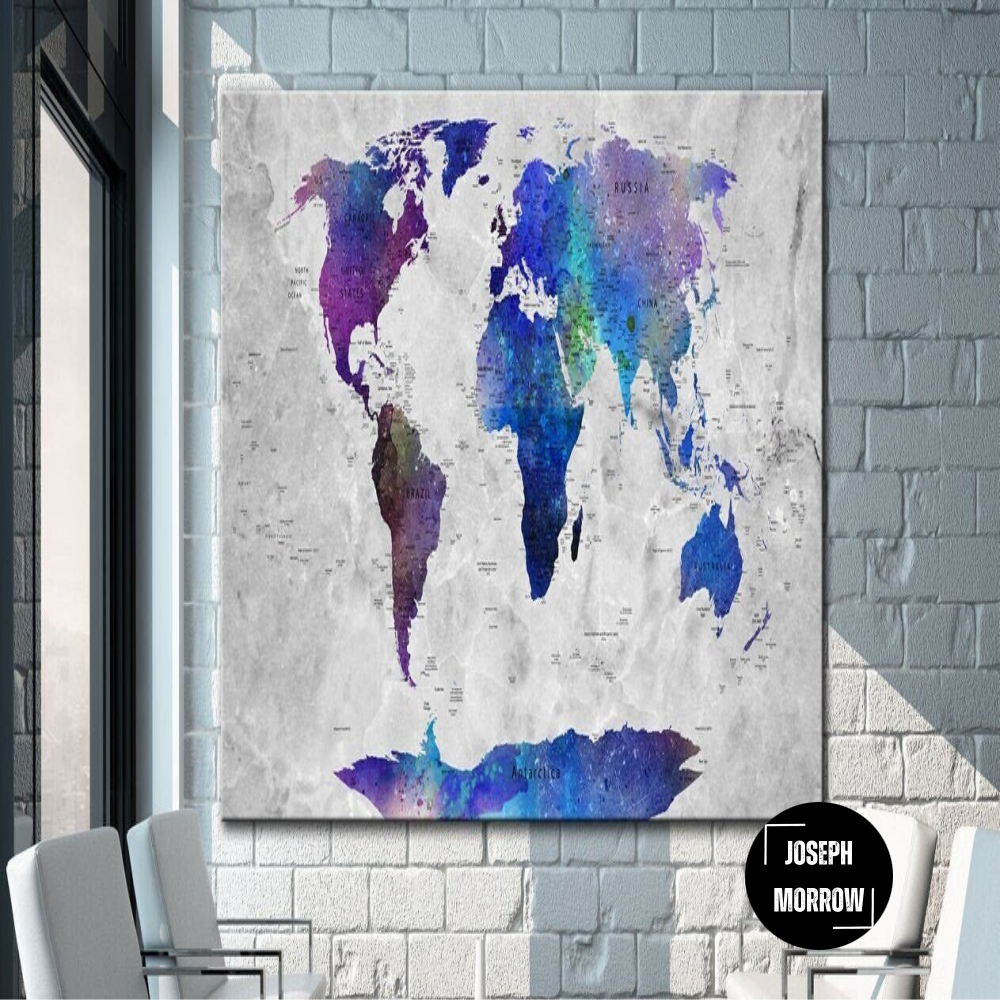 Map Of The World On Canvas Purple Print Gray Background Blue | Inspire Uplift