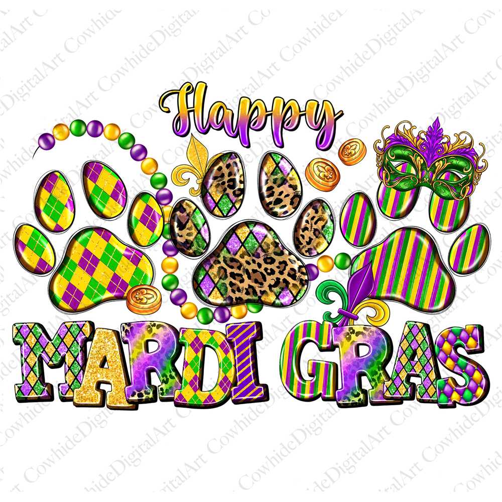 Happy Mardi Gras paws, paw print sublimation design, Mardi G | Inspire ...
