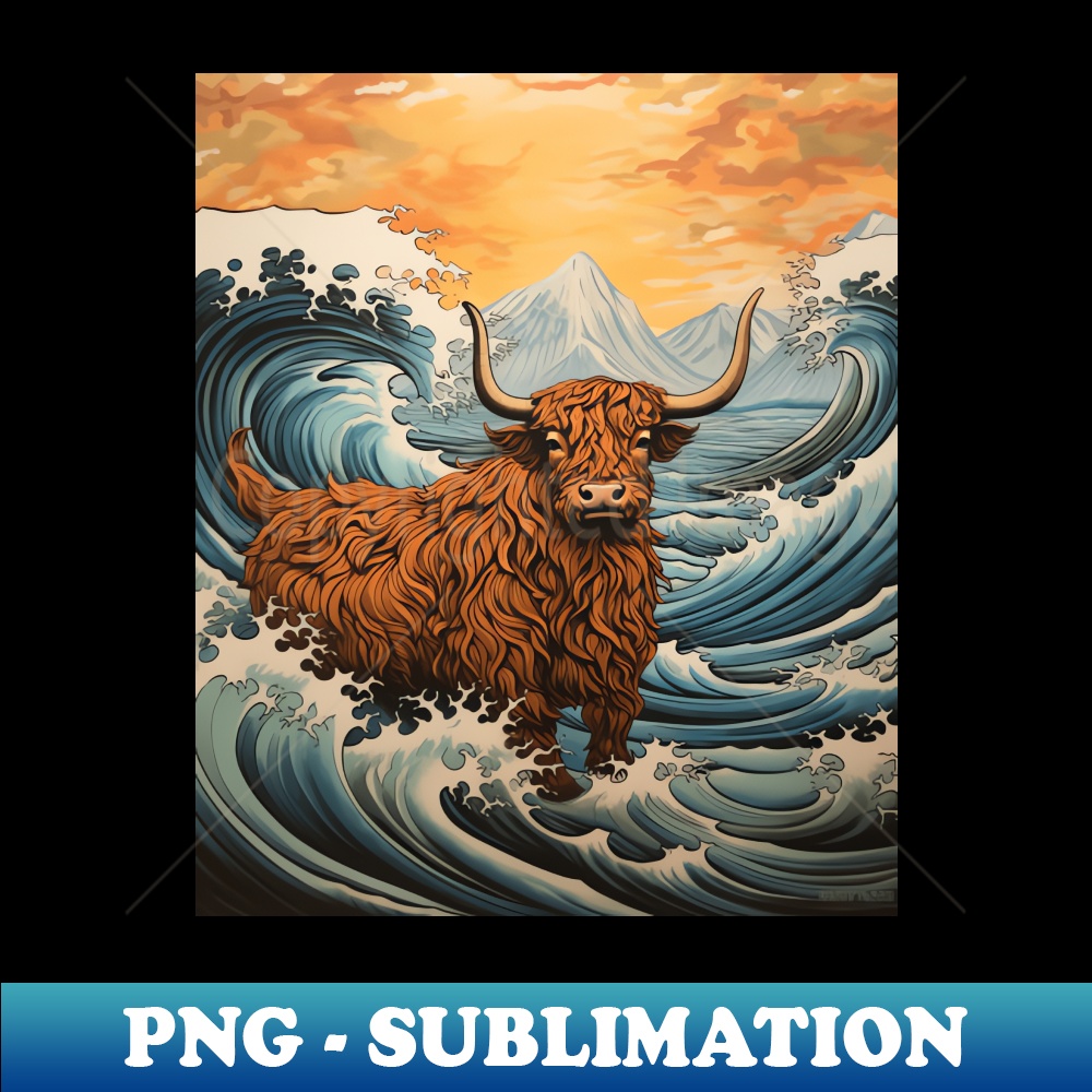 Japanese Kawaii Highland Cow Great Wave Off Kanagawa - PNG S - Inspire ...
