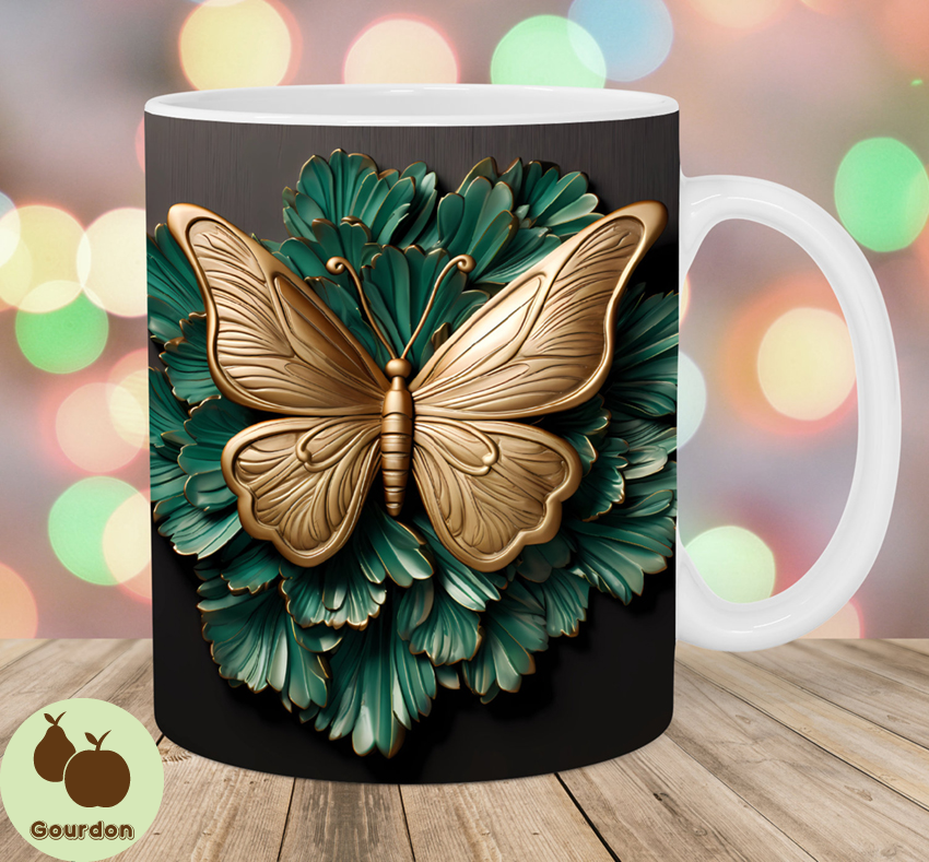 3D Gold Green Butterfly Mug Wrap, 11oz And 15oz Mug Template | Inspire ...