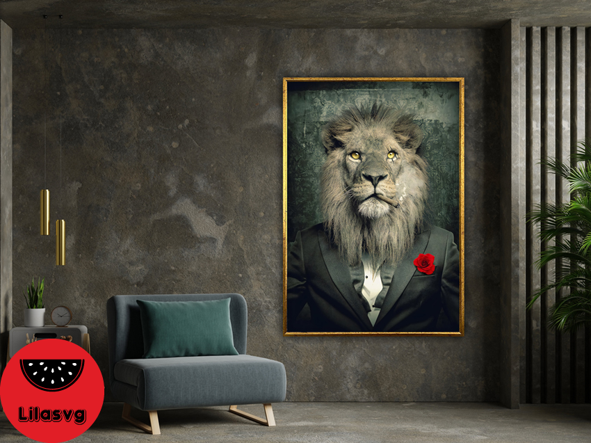 noble maned lion canvas,lion man smoking cigar in suit canva | Inspire ...