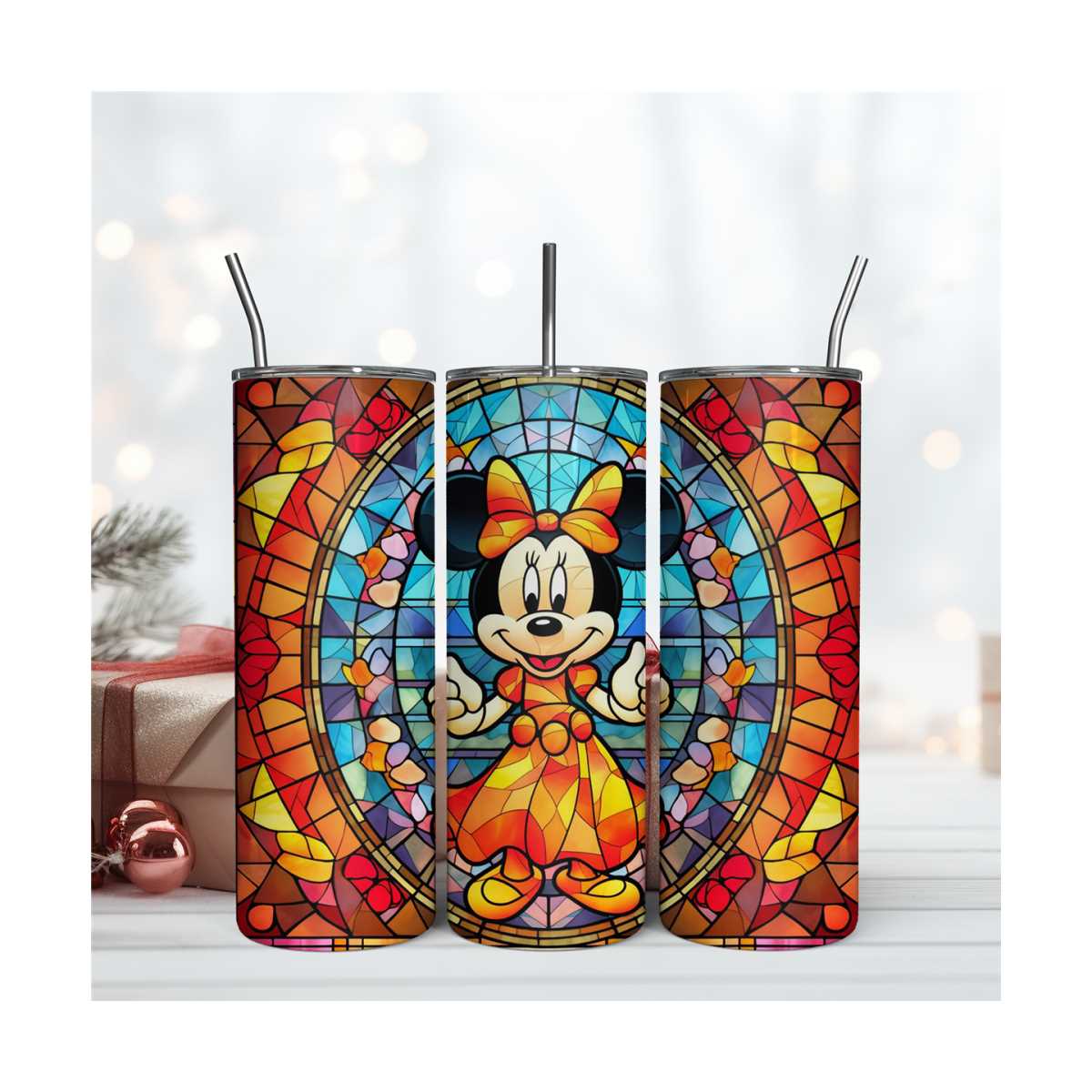 Cute Minnie Mouse Figure In A Stained Glass 20Oz Wrap Tumble - Inspire ...