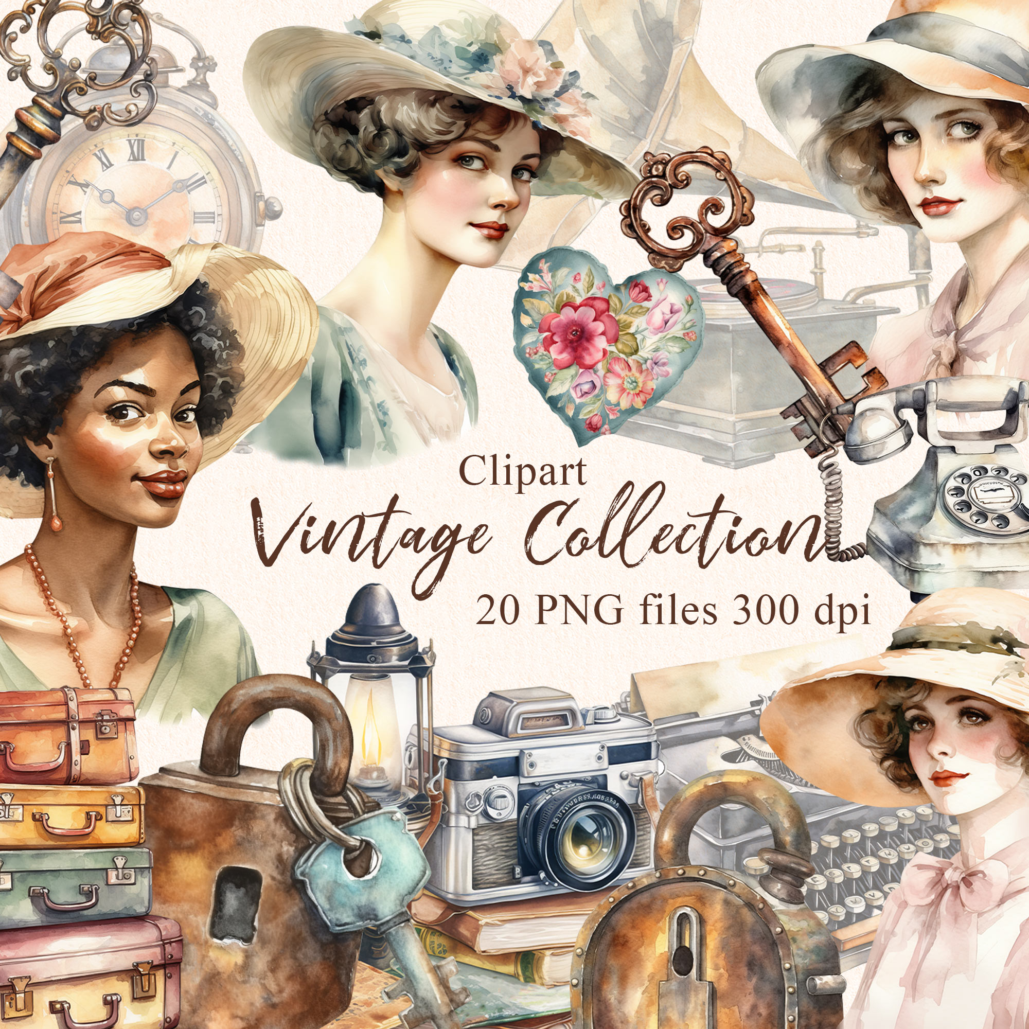 Vintage Clipart. Watercolor Old Fashioned Retro Item Collect | Inspire ...
