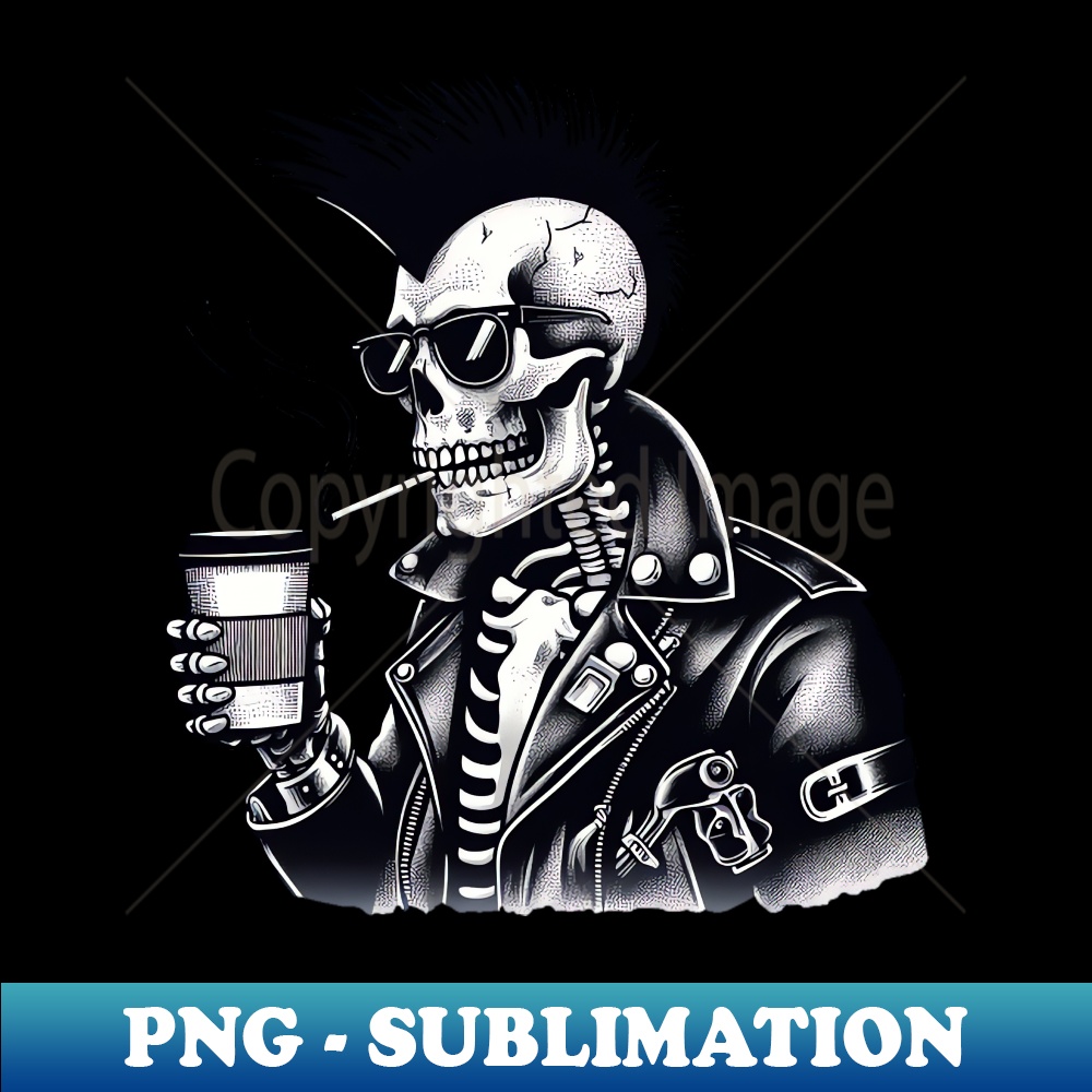Punk Rocker Skeleton Drinking Coffee - PNG Transparent Subli | Inspire ...