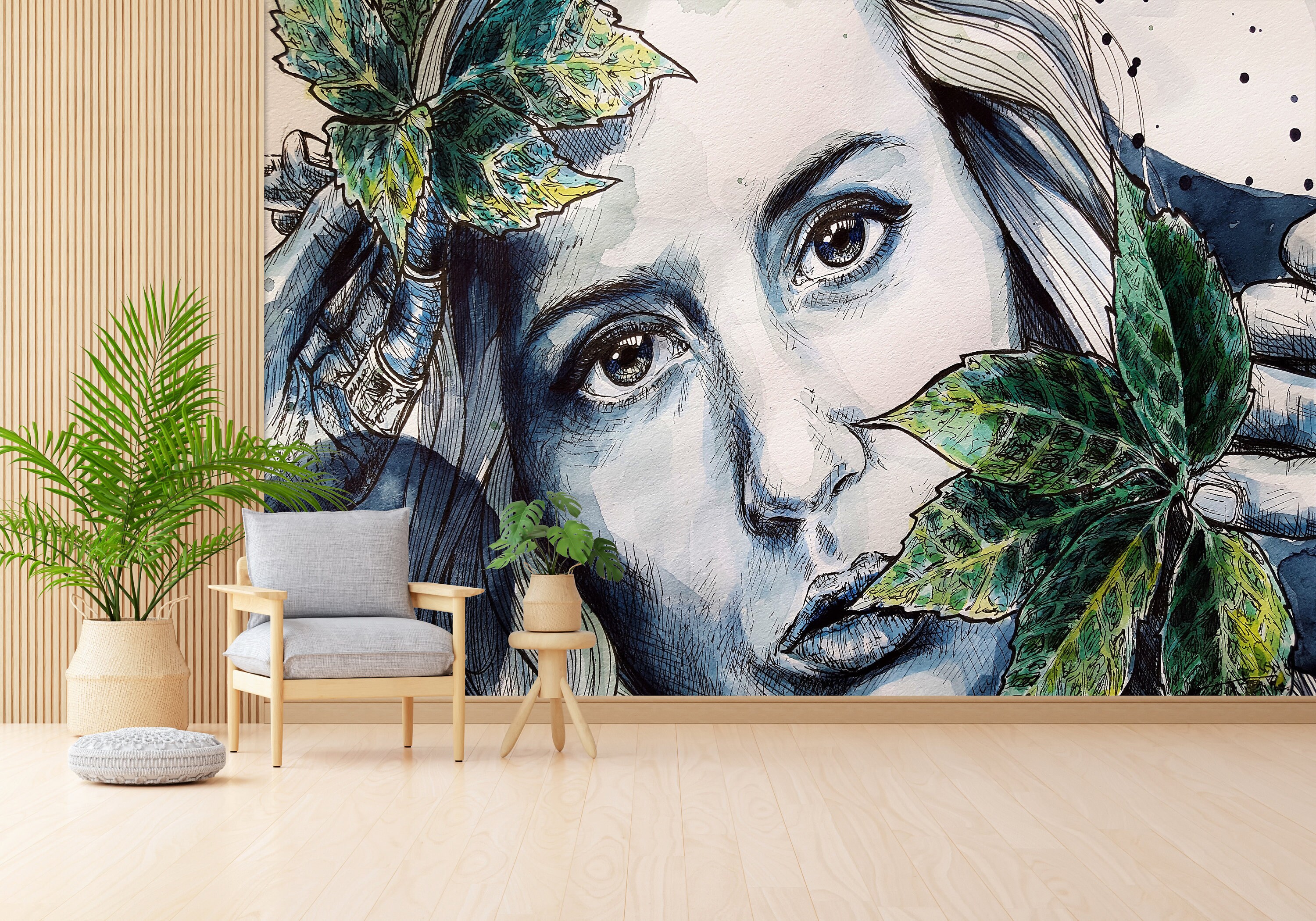 Floral Woman Wallpaper, Green Wallpaper, Woman Face Wall Art | Inspire ...