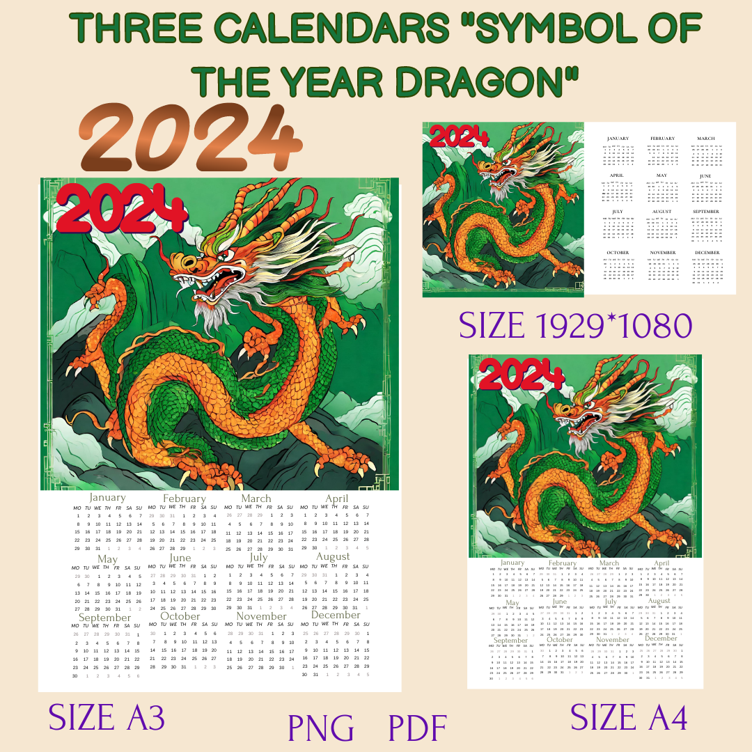 Three Illustrated Calendars "Green Wooden Dragon" 2024. Symb - Inspire ...