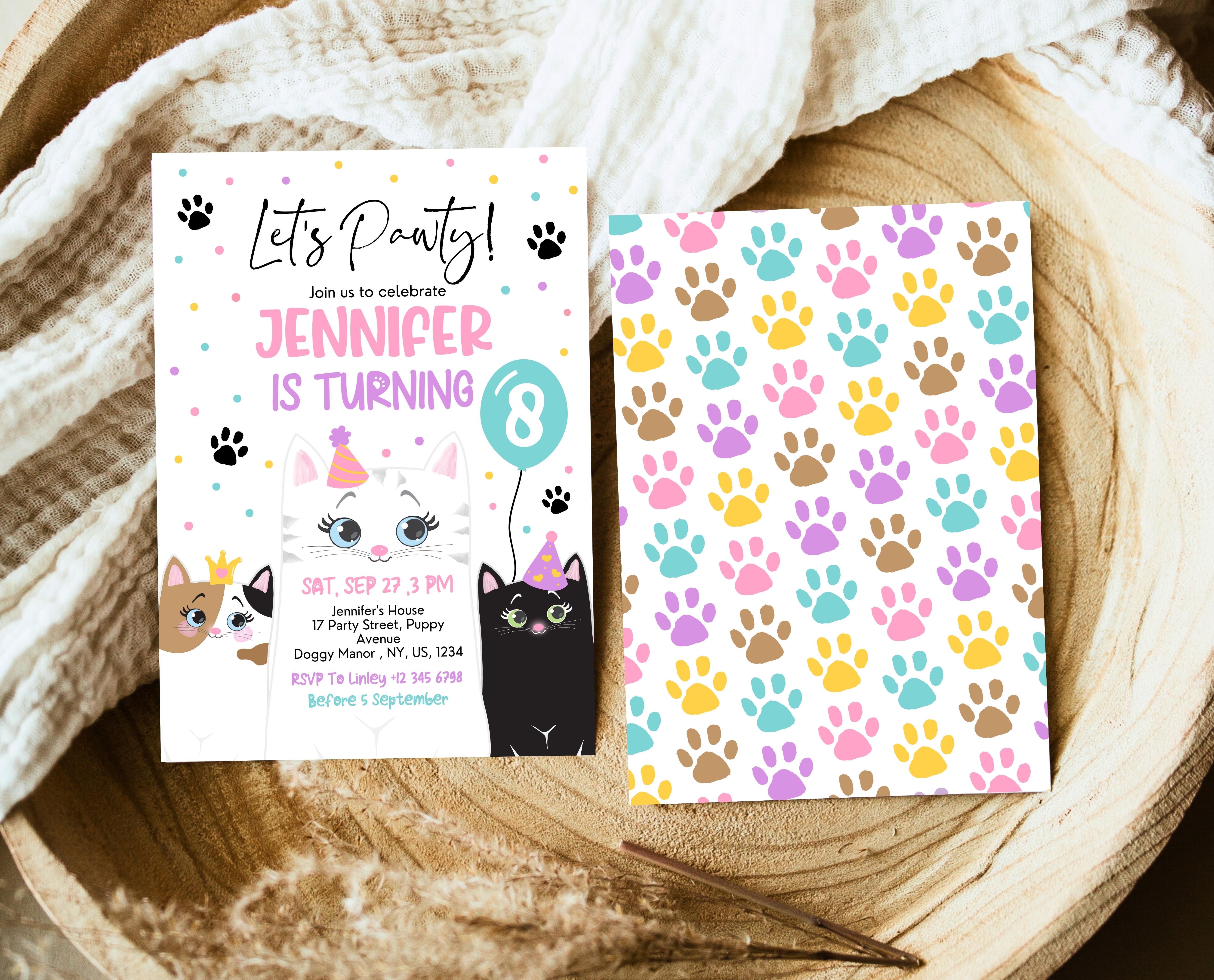 Cats Birthday Invitation Editable, Cat Birthday Invite, Kitt | Inspire ...