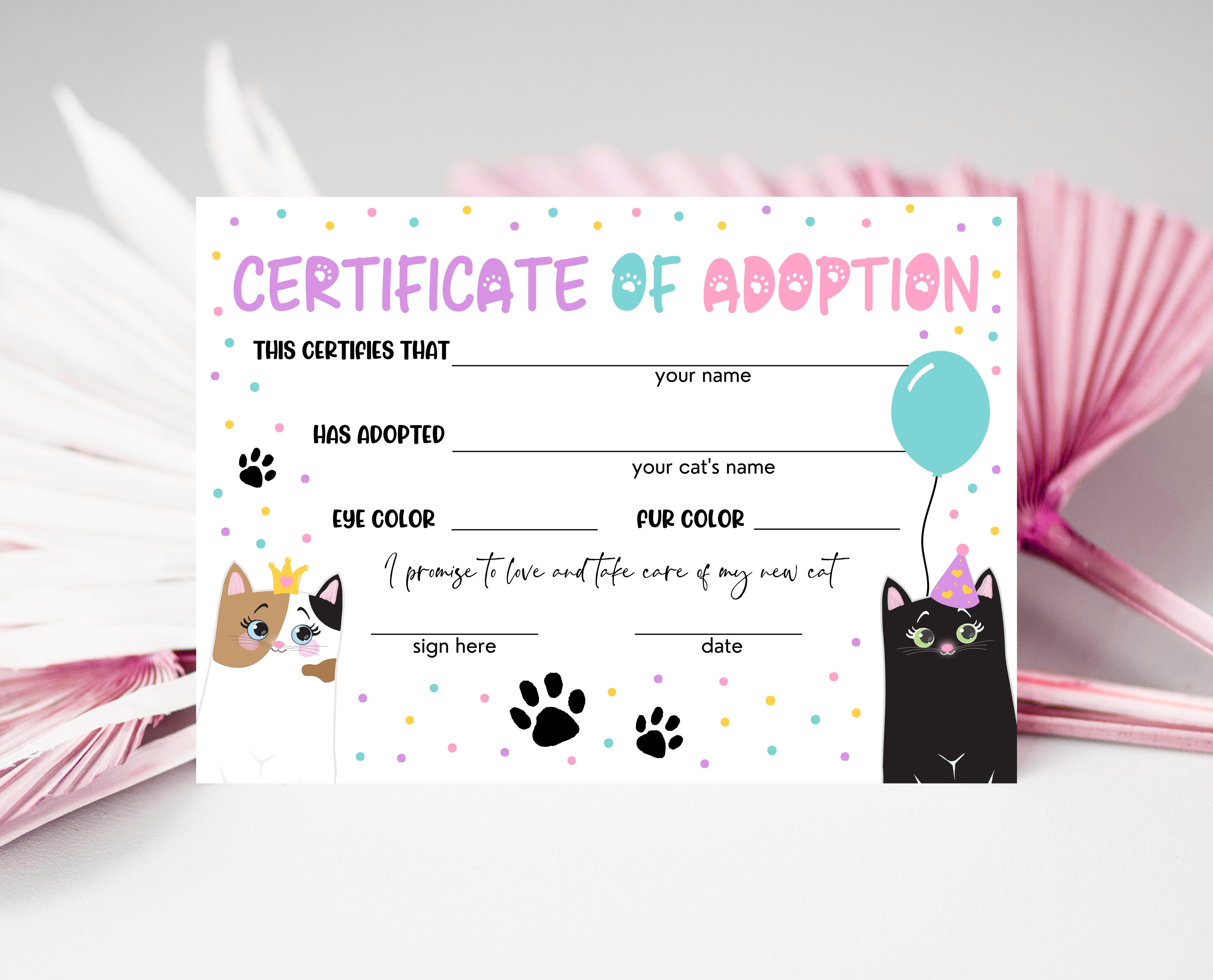 Cat Adoption Certificate, Editable Cat Adoption Car, Cat Bir - Inspire ...