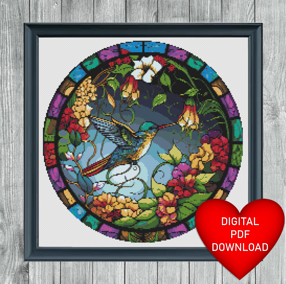 Cross Stitch Pattern Hummingbird Stained Glass Window Art, I | Inspire ...