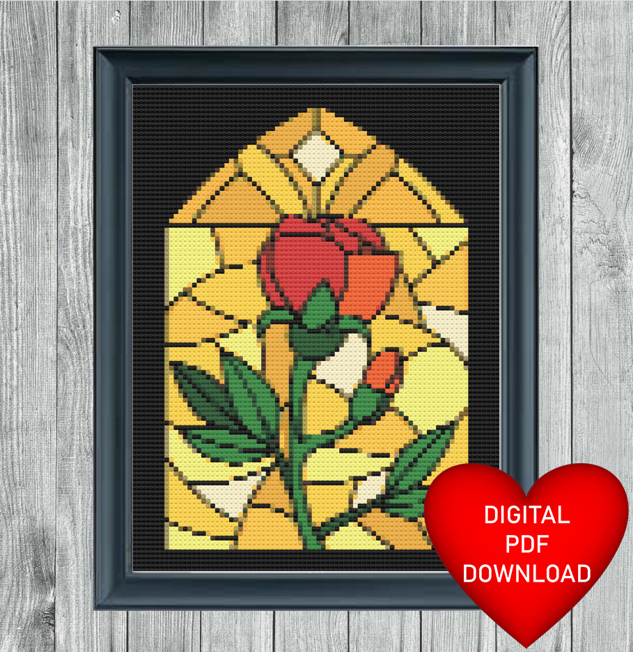 Cross Stitch Pattern Red Rose Stained Glass Window, Instant | Inspire ...