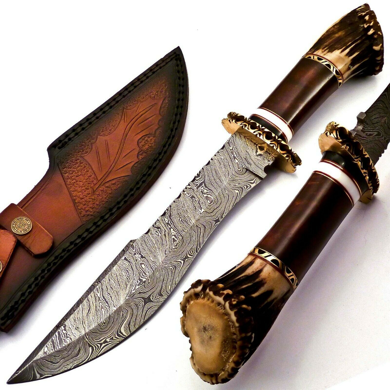 Custom Handmade Damascus Steel Stag Horn Brass Handle Huntin | Inspire ...