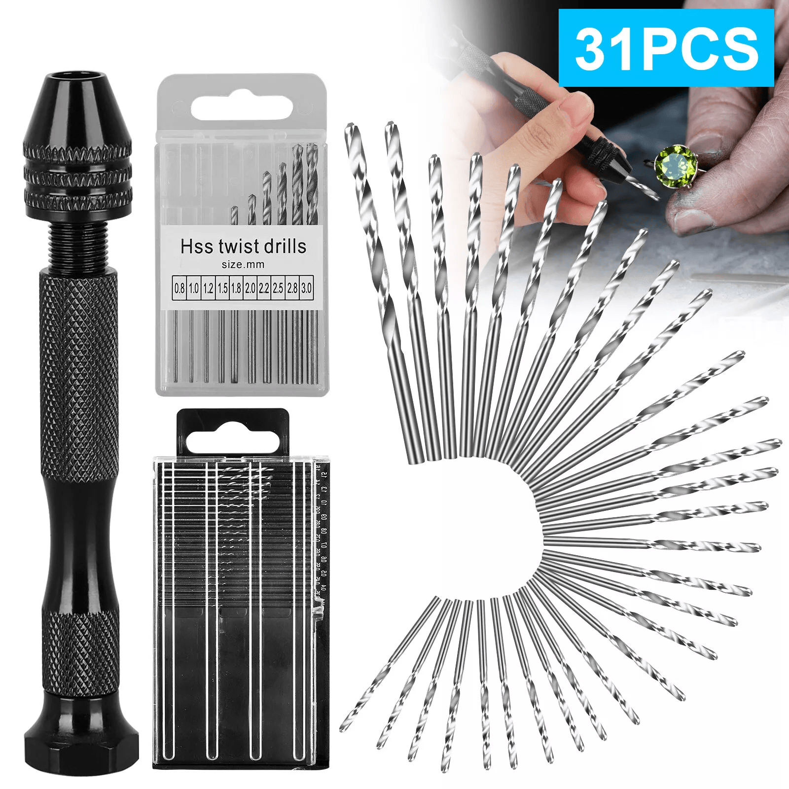 31Pcs Micro Hand Drill Bits & Pin Vise Set | Inspire Uplift