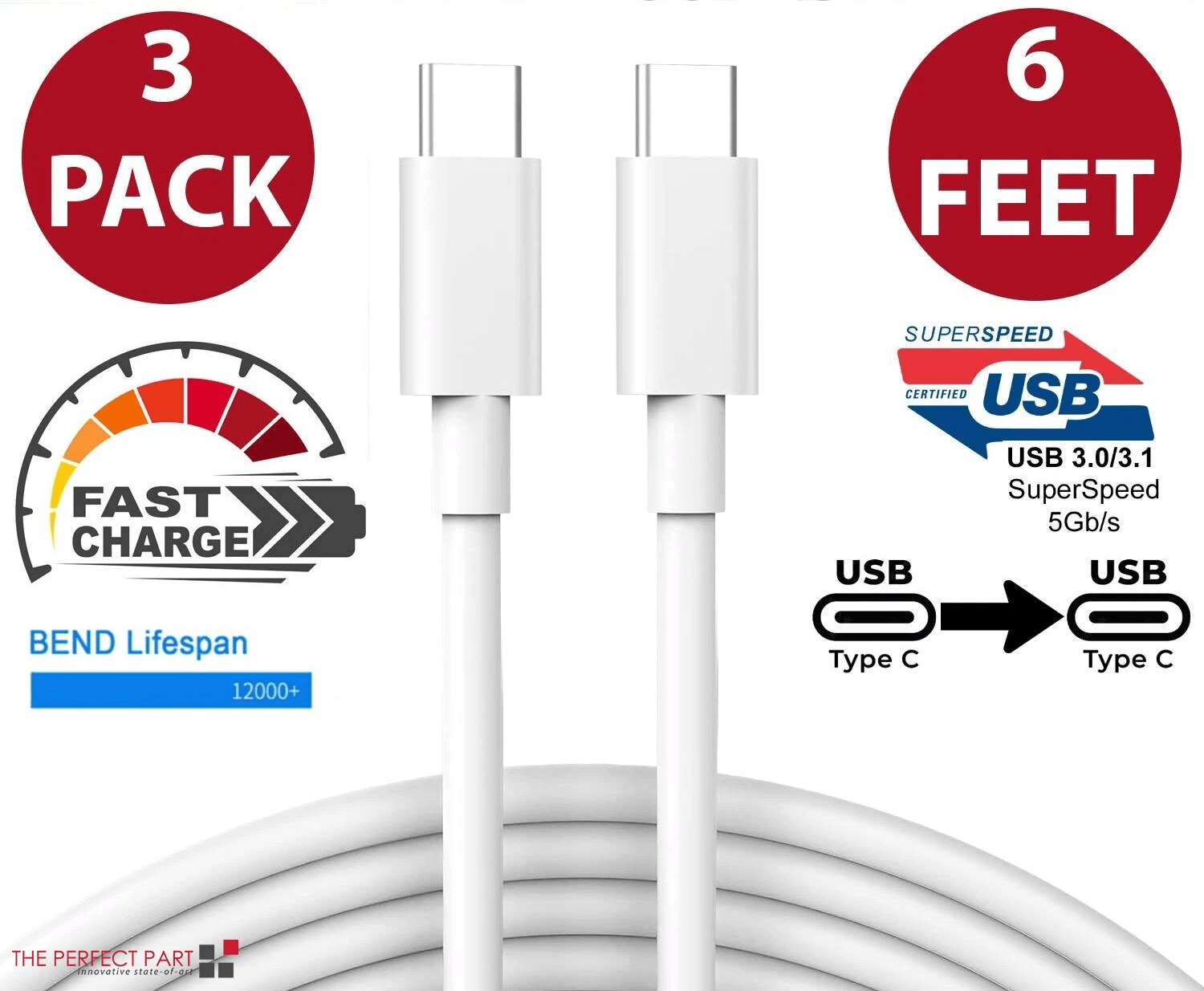 3 Pack USB-C to USB-C Fast Charging Cables | Inspire Uplift