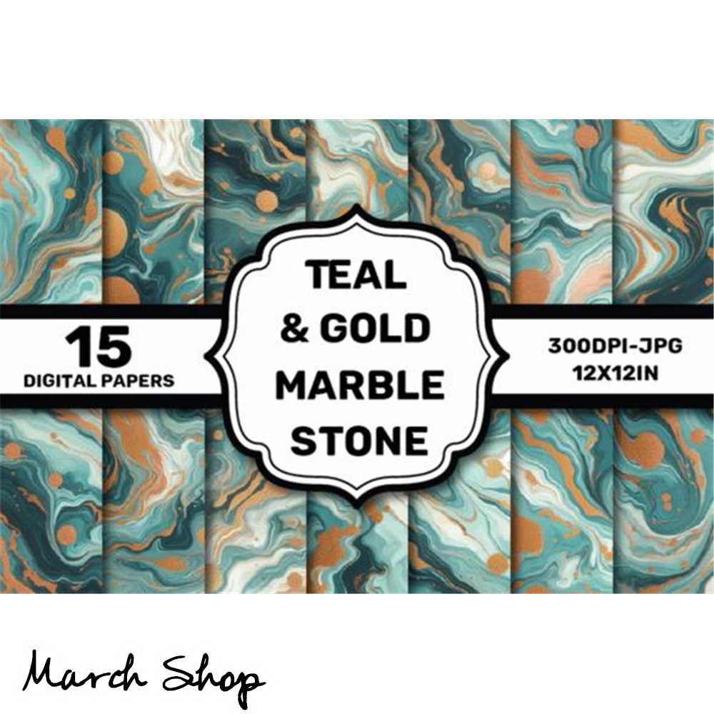 Teal and Gold Marble Stone Digital Paper - Inspire Uplift