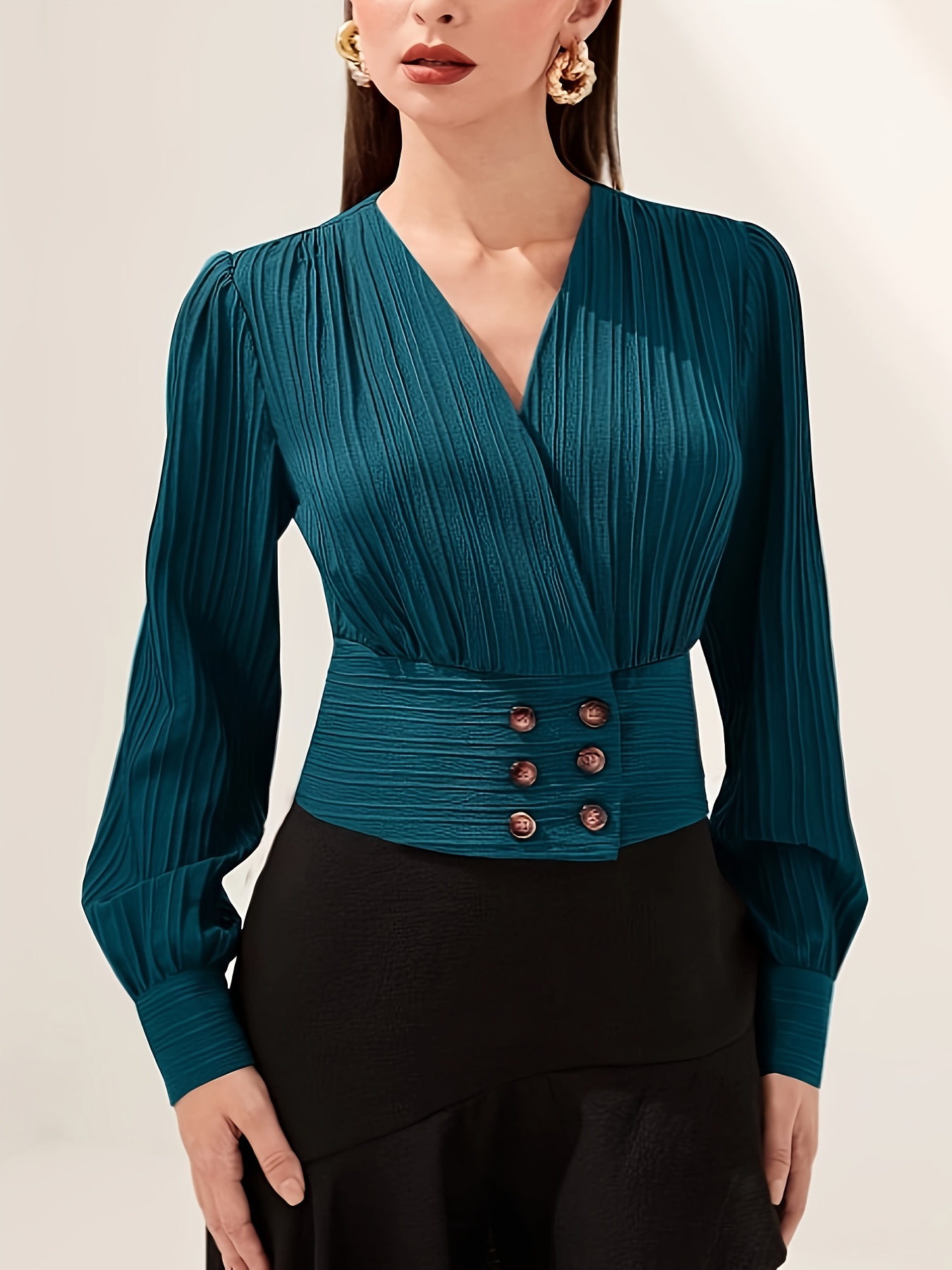 Surplice Neck Double-breasted Blouse - Elegant Long Sleeve C | Inspire ...