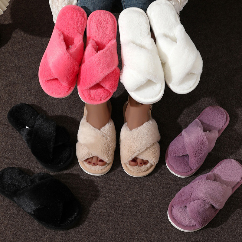 Womens Cross Warm Fluffy Furry Slippers | Inspire Uplift