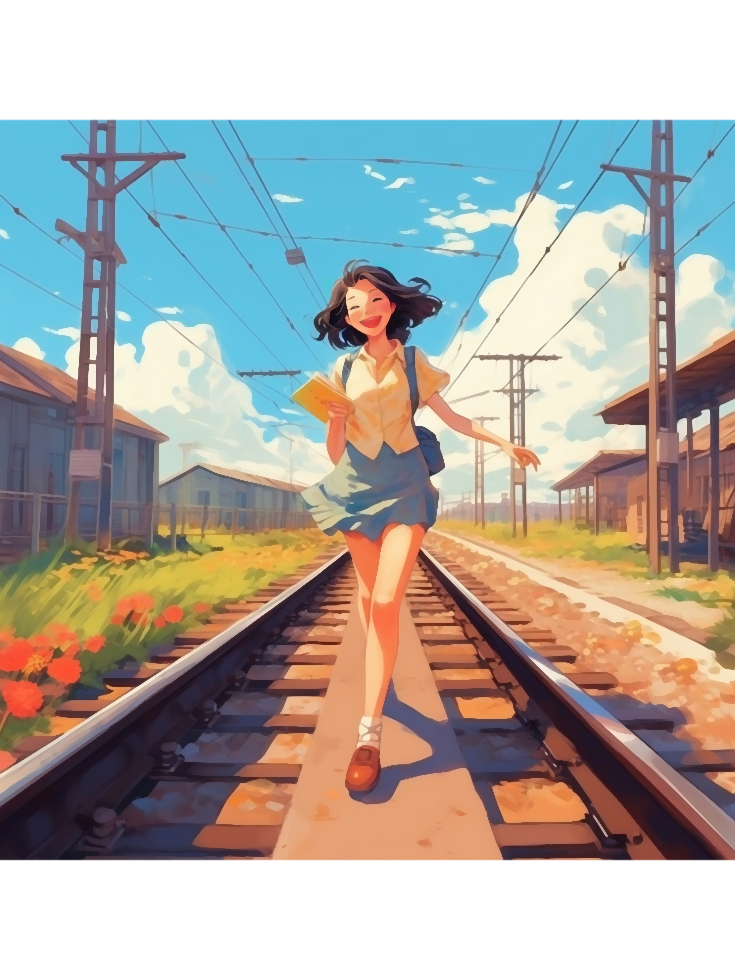 summer vacation start girl walk on the raiload | Inspire Uplift