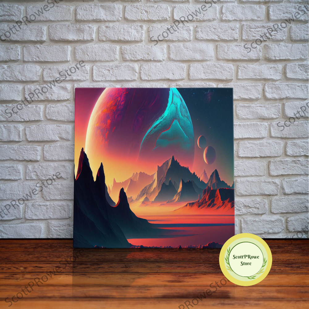 3 Moon Alien World, Retro Style Scifi Art, Framed Canvas Pri - Inspire ...