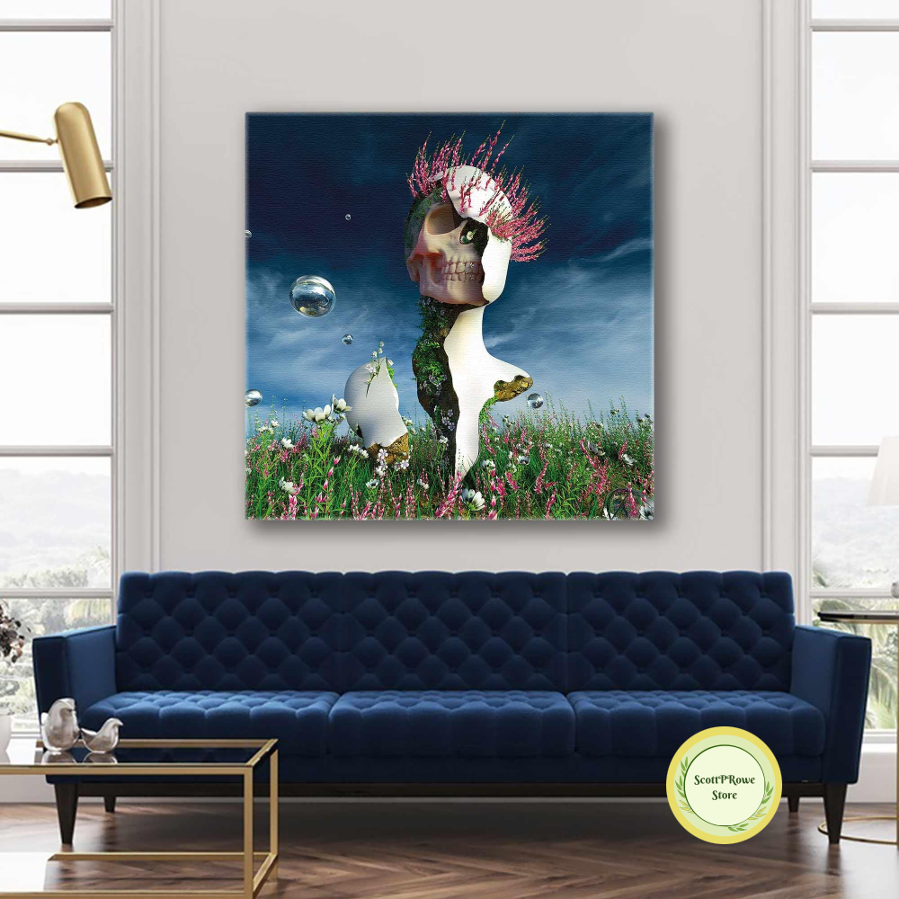 Statue In Grass And Pink Flowers Roll Up Canvas, Stretched C | Inspire ...