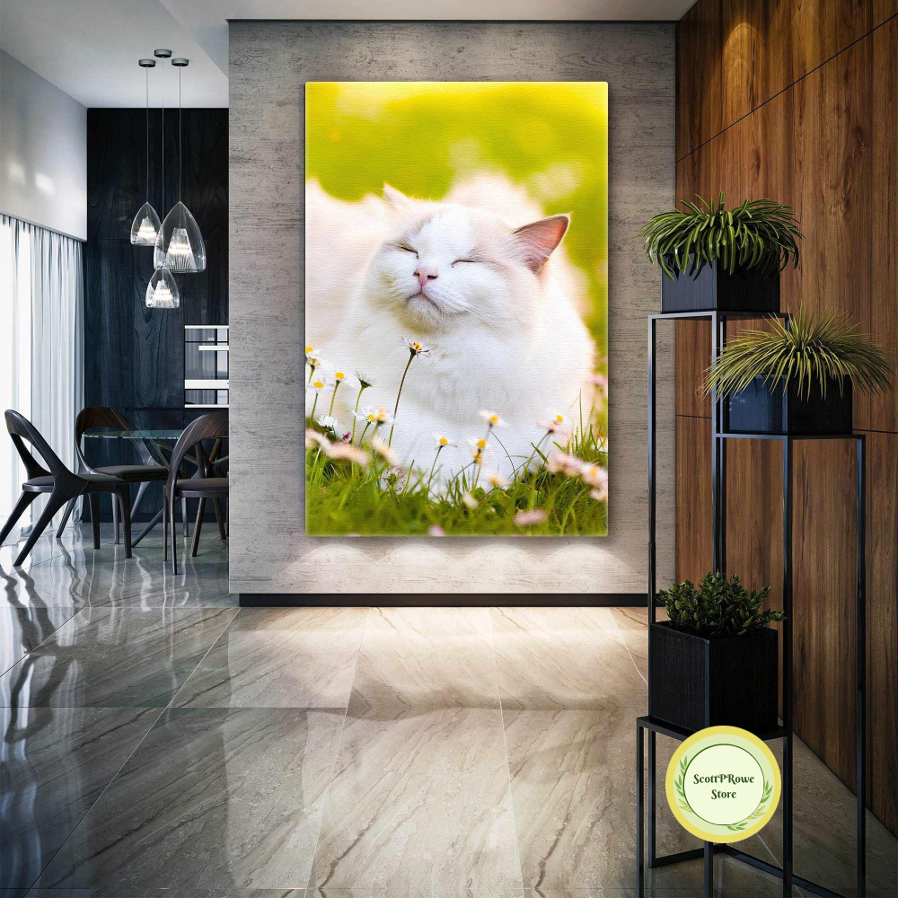 White Cat Wall Art, Nature Canvas Art, Animal Wall Decor, Ro | Inspire ...