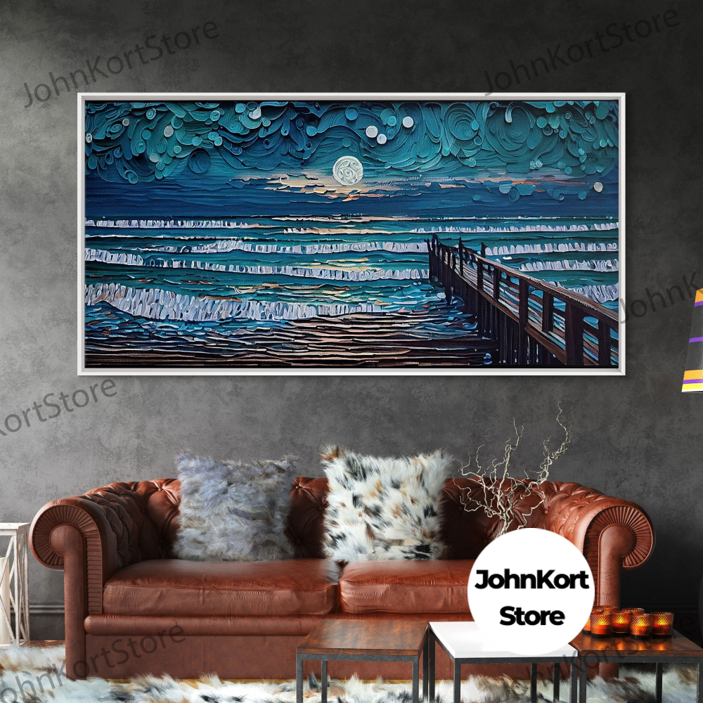 Full Moon Over Beach Ocean Waves - Framed Canvas Print - Li | Inspire ...