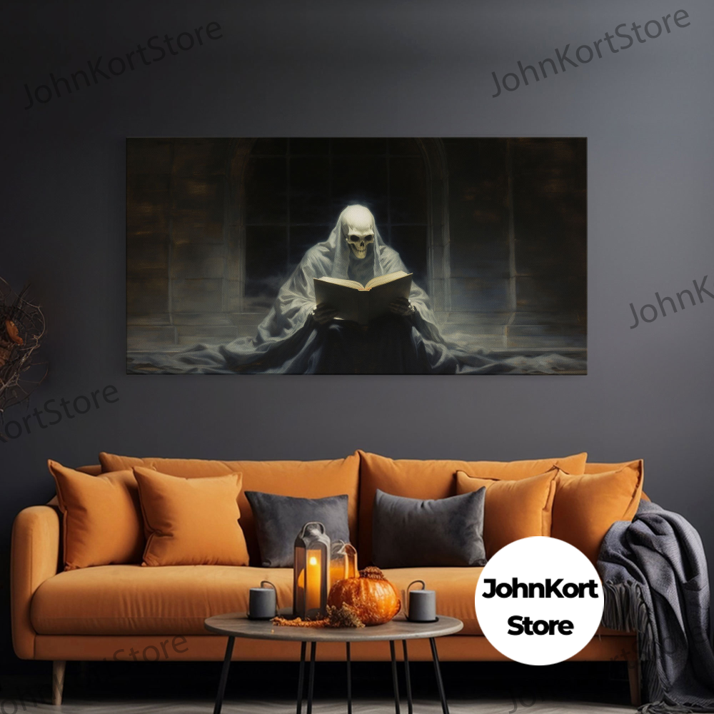 Grim Reaper Reading A Book In A Haunted Library, Framed Canv | Inspire ...