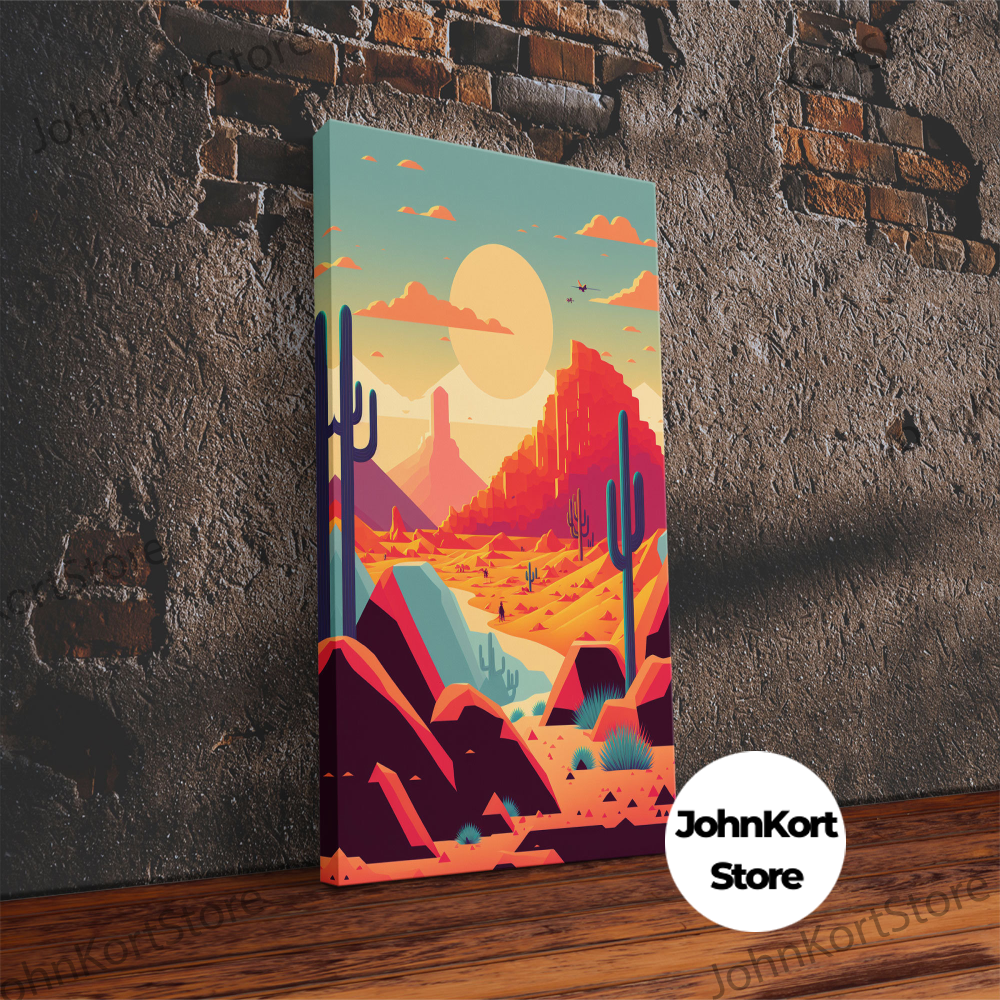 Retro Synthwave Desert Landscape Art, Framed Canvas Print, U | Inspire ...