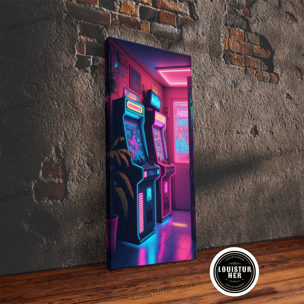 Framed Canvas Ready To Hang, Retrowave Arcade Room, Neon Gam | Inspire ...