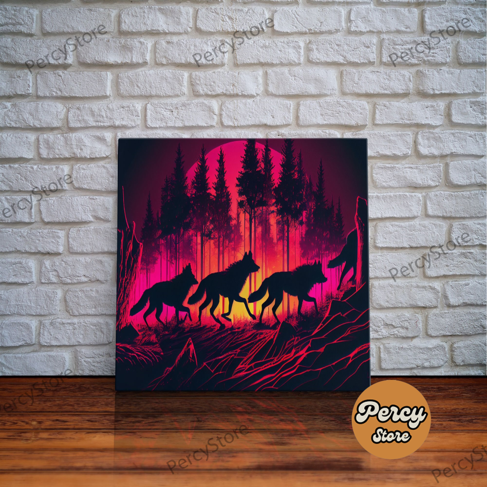 Wolf Pack On The Hunt At Sunset, Synthwave Animal Art, Frame | Inspire ...
