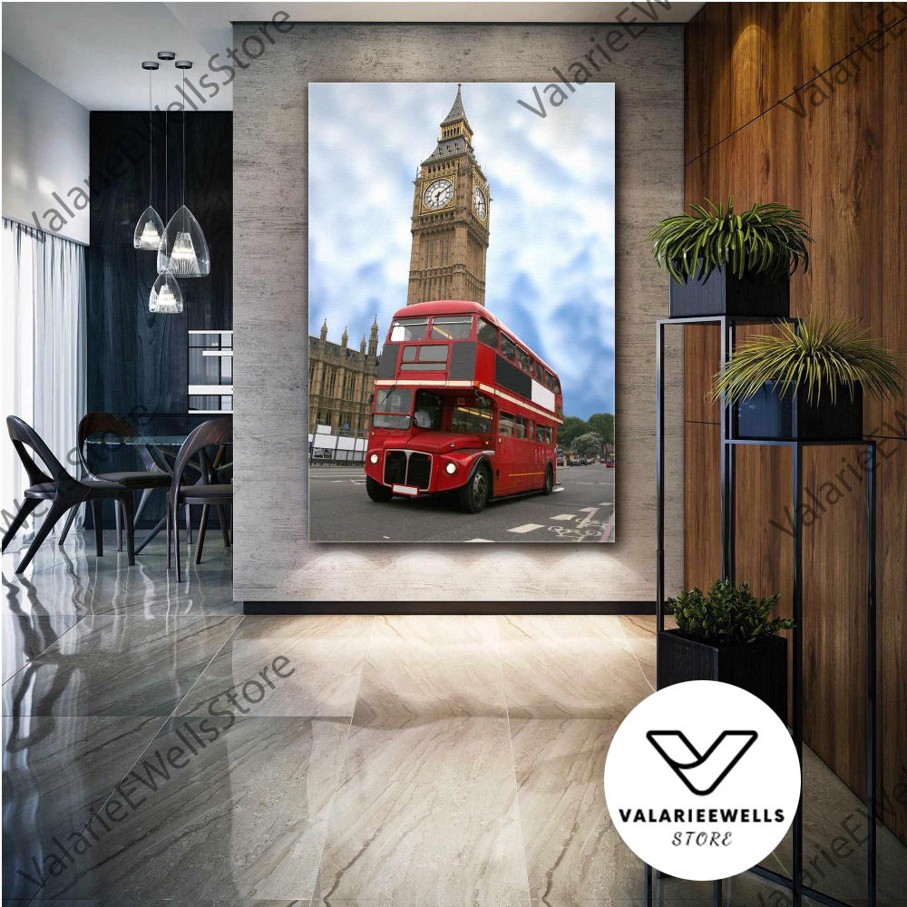 Red Retro Bus Wall Art, London Canvas Art, Clock Tower Wall | Inspire Uplift
