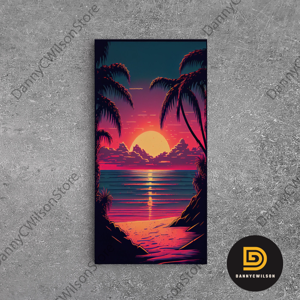 8 Bit Pixel Art Sunset, Synthwave Style Palm Tree Beach, Fra | Inspire ...