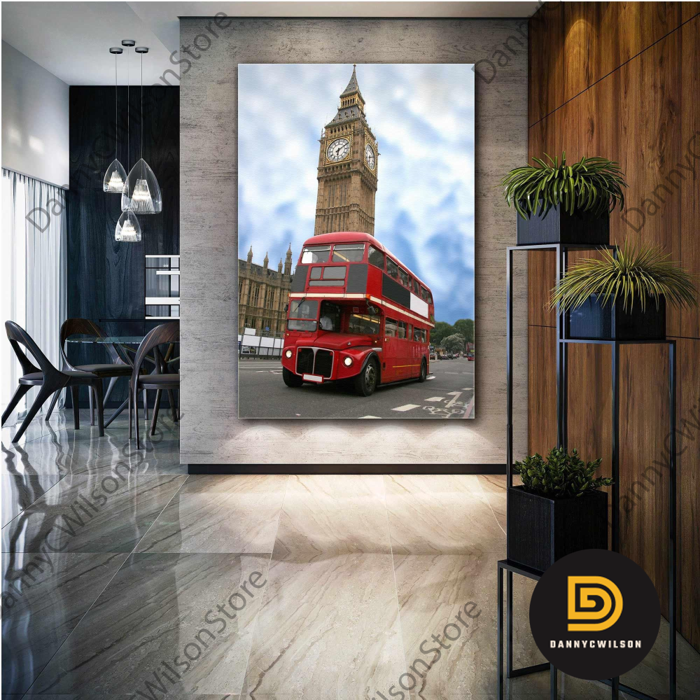 Red Retro Bus Wall Art, London Canvas Art, Clock Tower Wall | Inspire ...